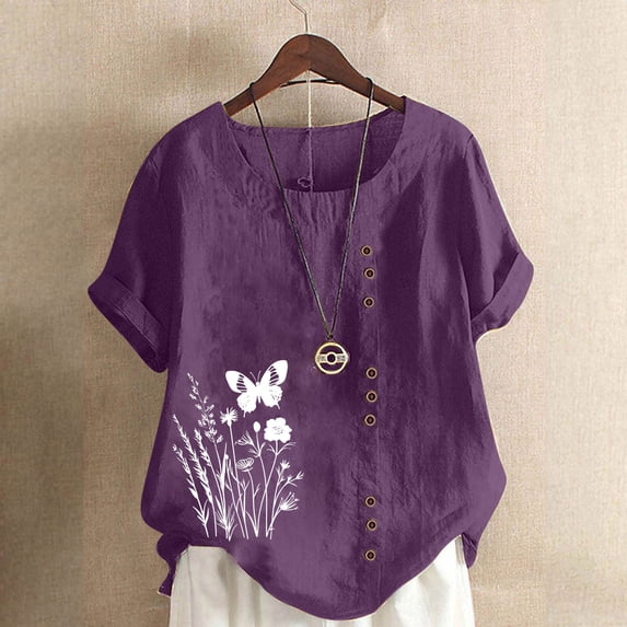 Aimik Women's Floral Print Plus Size Linen Blouse Summer Crew Neck ...