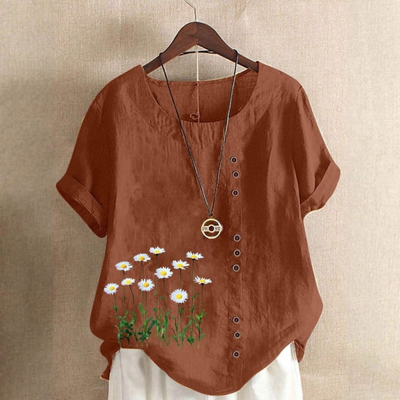 Aimik Women's Floral Print Plus Size Linen Blouse Summer Crew Neck ...