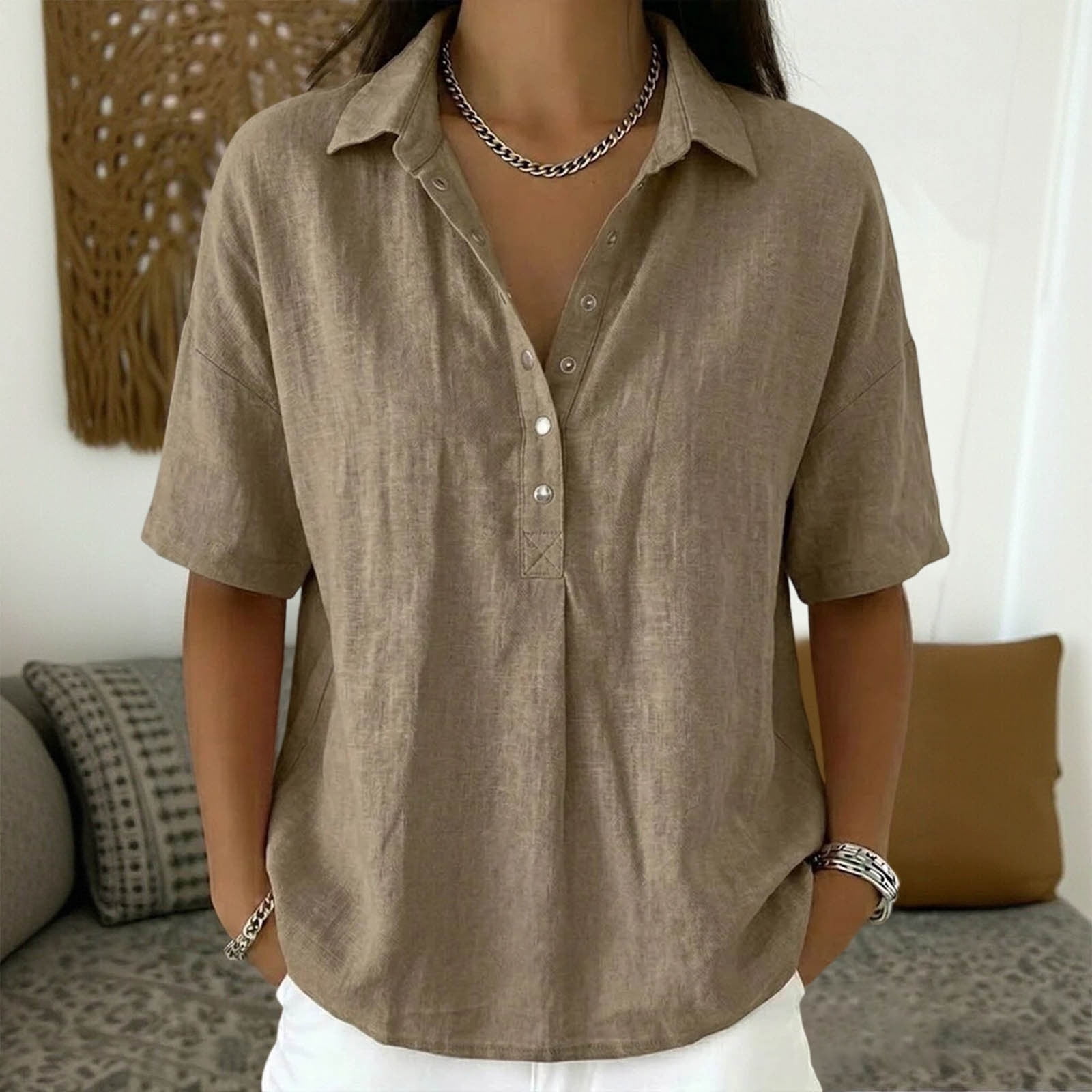 Aimik Women's Half Button Cotton Blend Shirts Summer Solid Color Turn ...