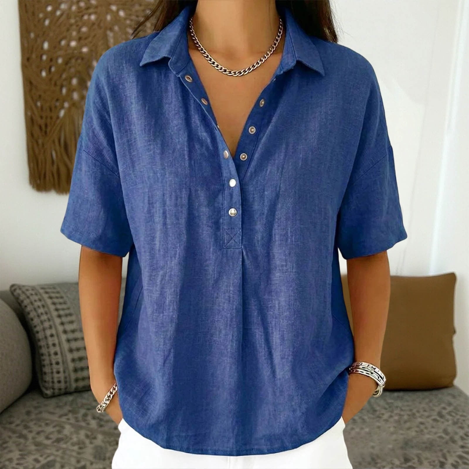 Aimik Women's Half Button Cotton Blend Shirts Summer Solid Color Turn ...
