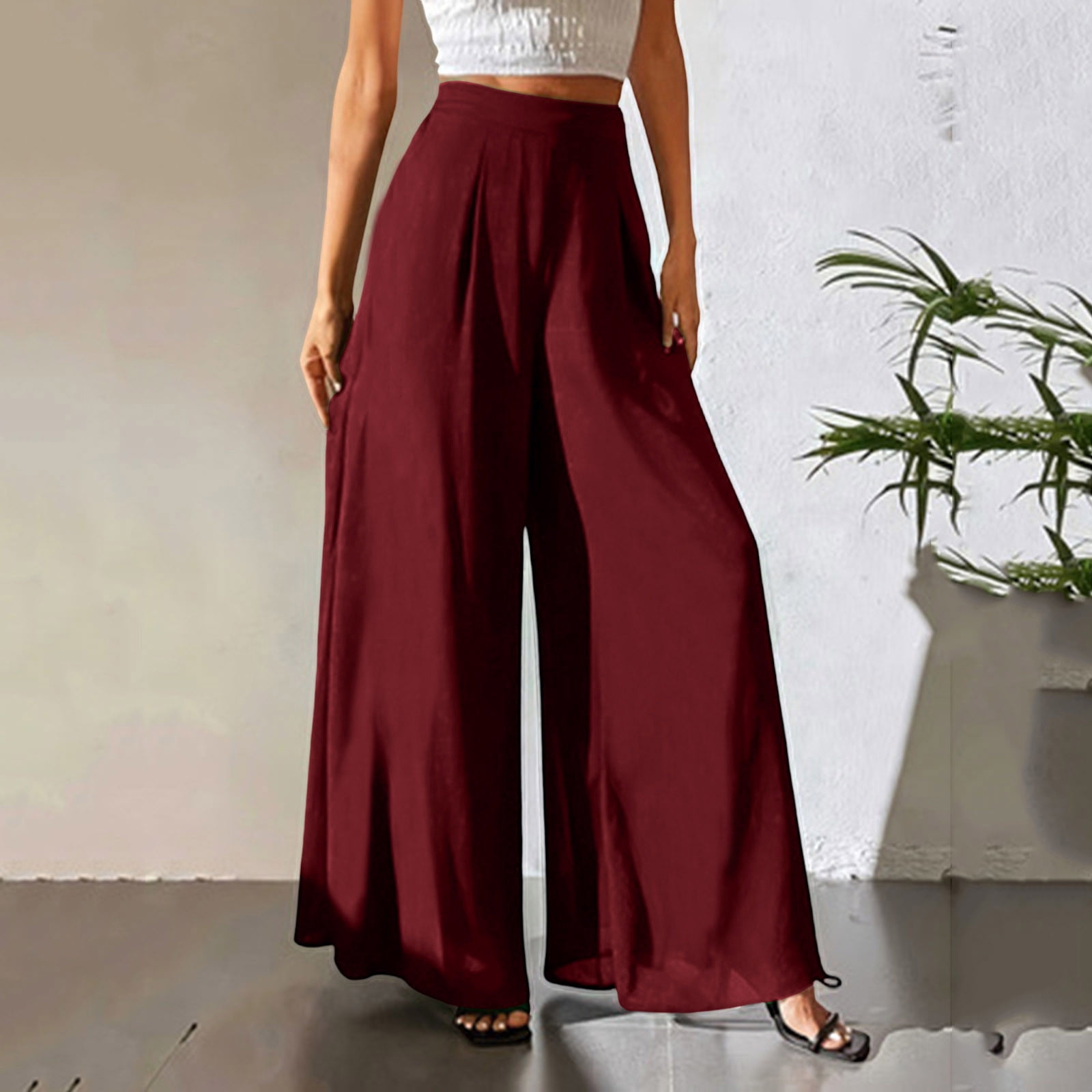 Aimik Women's High Waist Flowy Wide Leg Pants Pleated Casual Trousers ...