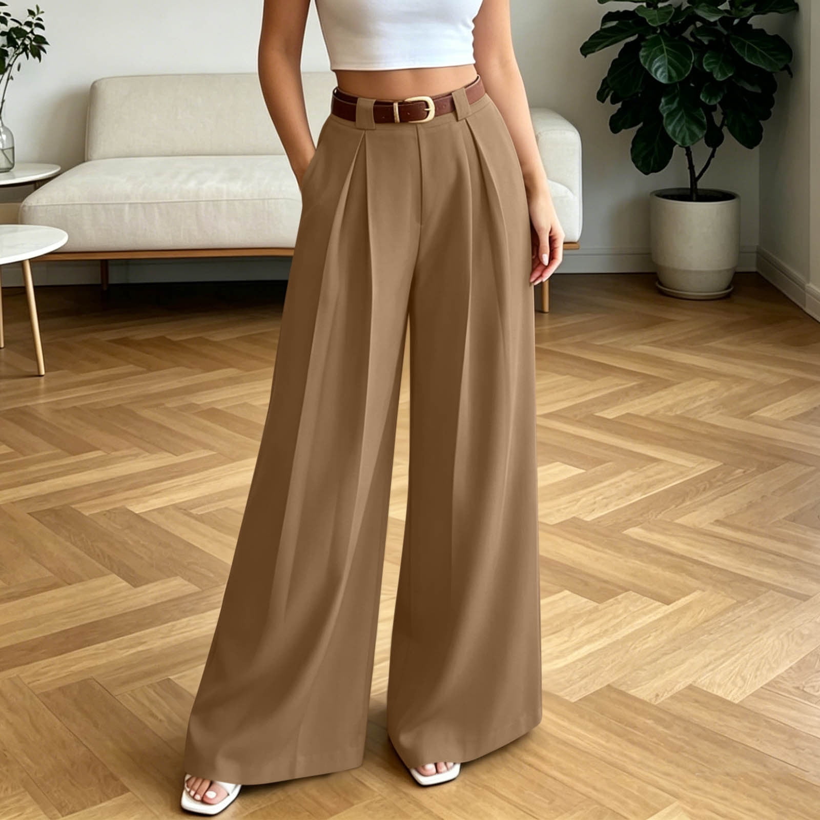 Aimik Women's High Waist Pleated Wide Leg Dress Pants Solid Color ...