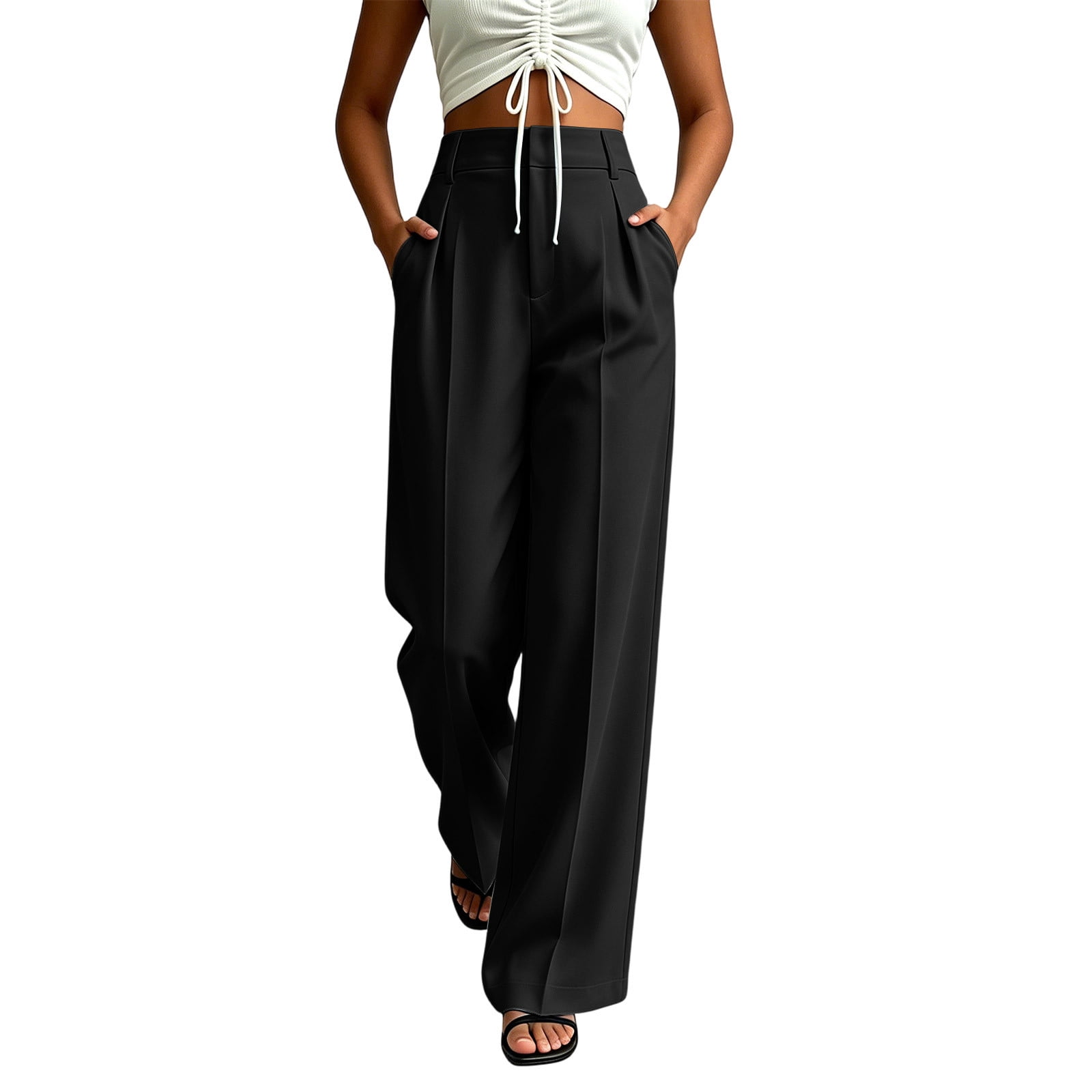 Aimik Women's High Waist Pleated Wide Leg Dress Pants Straight Leg ...