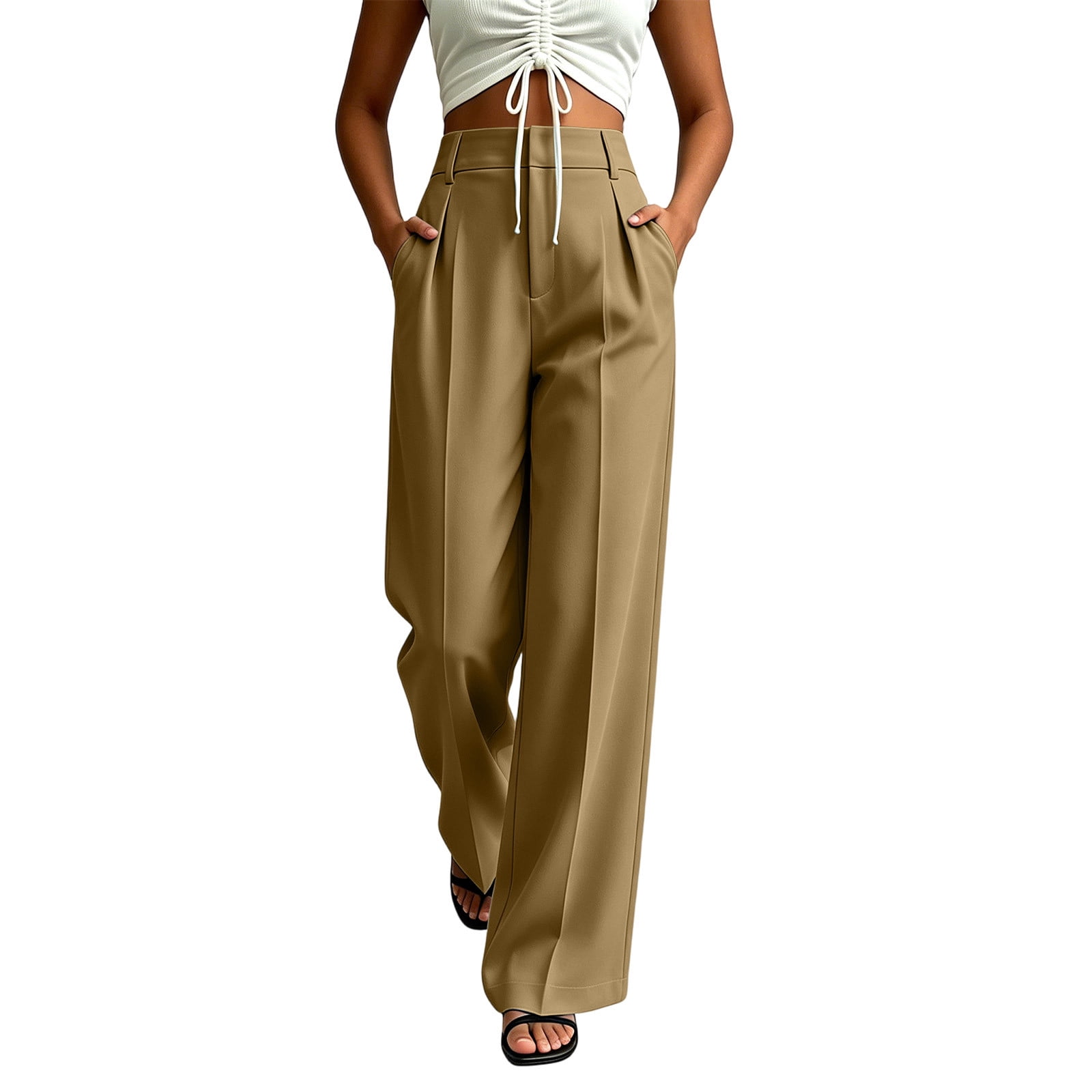 Aimik Women's High Waist Pleated Wide Leg Dress Pants Straight Leg ...