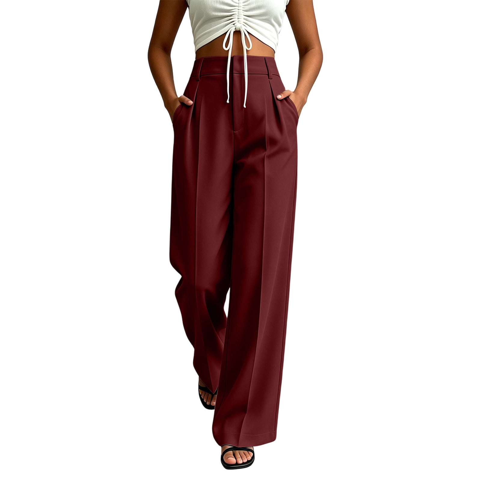 Aimik Women's High Waist Pleated Wide Leg Dress Pants Straight Leg ...