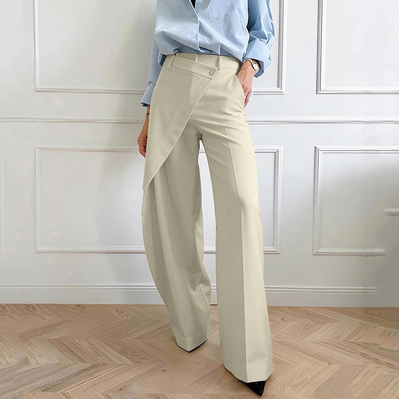 Aimik Women's High Waist Wide Leg Dress Pants Asymmetric Waist Overlap ...