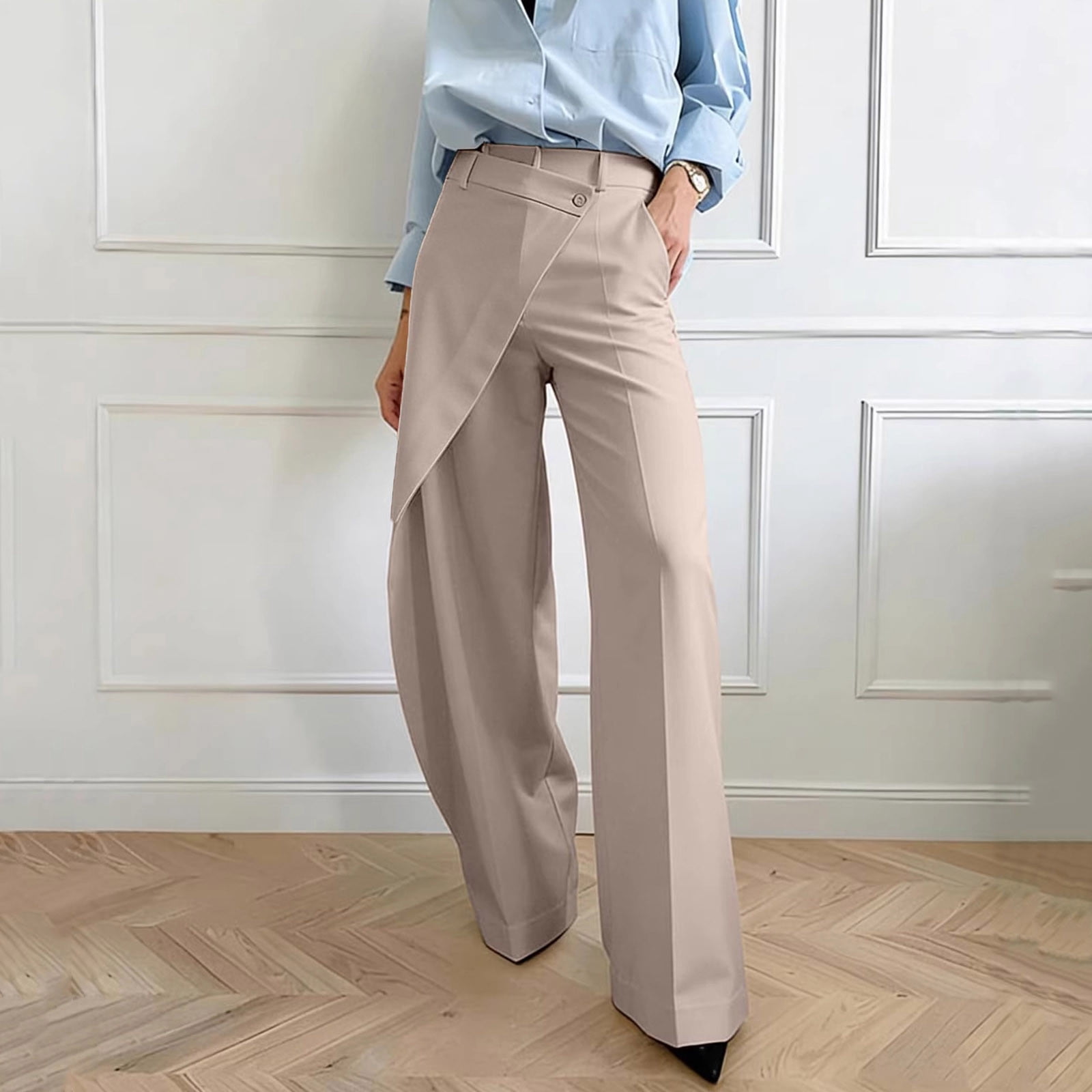 Aimik Women's High Waist Wide Leg Dress Pants Asymmetric Waist Overlap ...