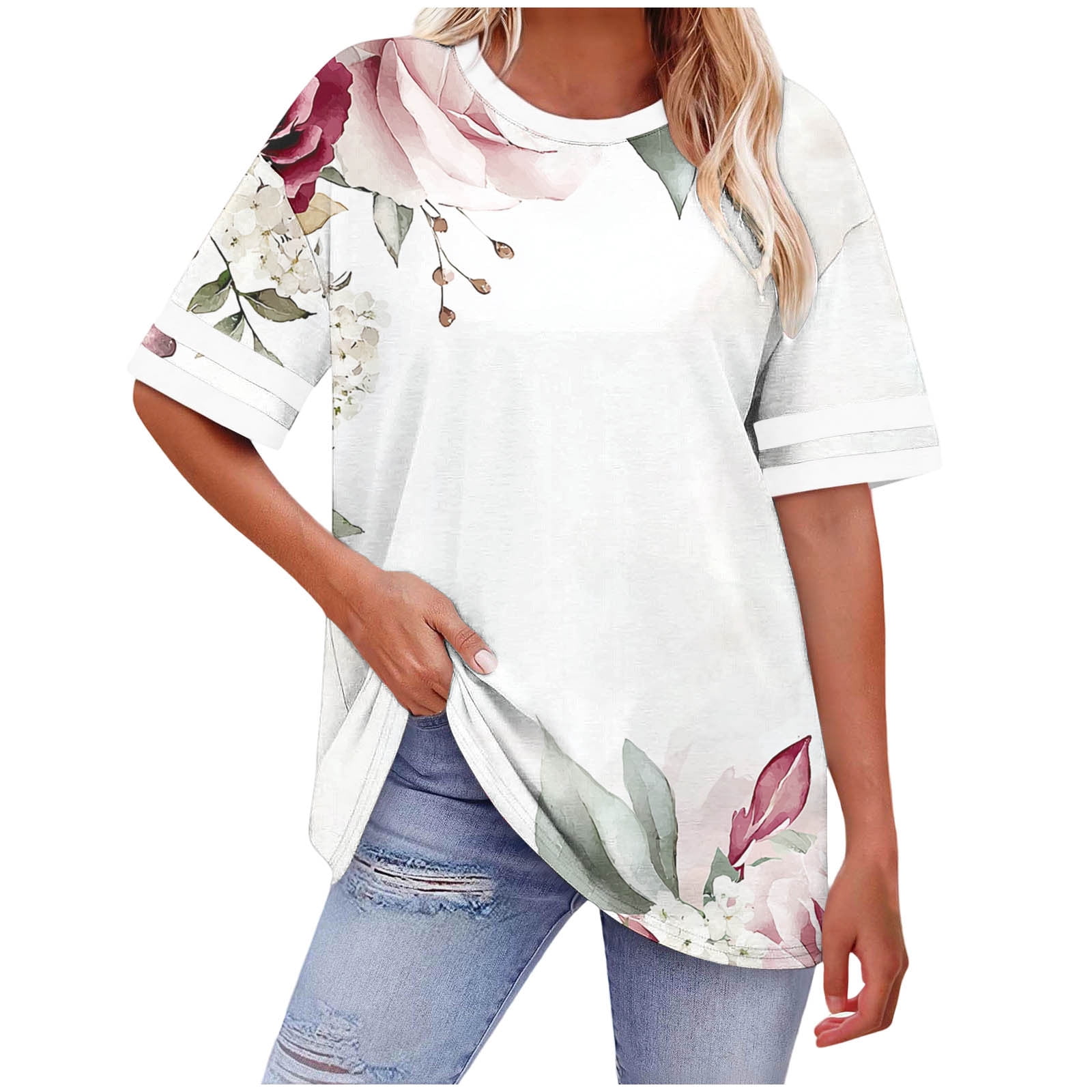 Aimik Women's Oversized Tops Crew Neck Short Sleeve Fashion Print ...