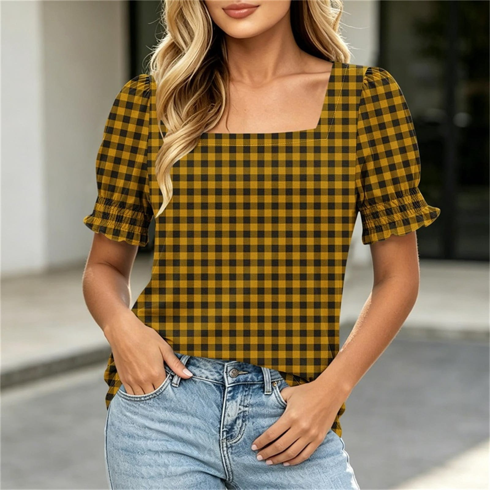 Aimik Women's Plaid Square Neck Blouse Puff Short Sleeve Ruffle Cuff ...