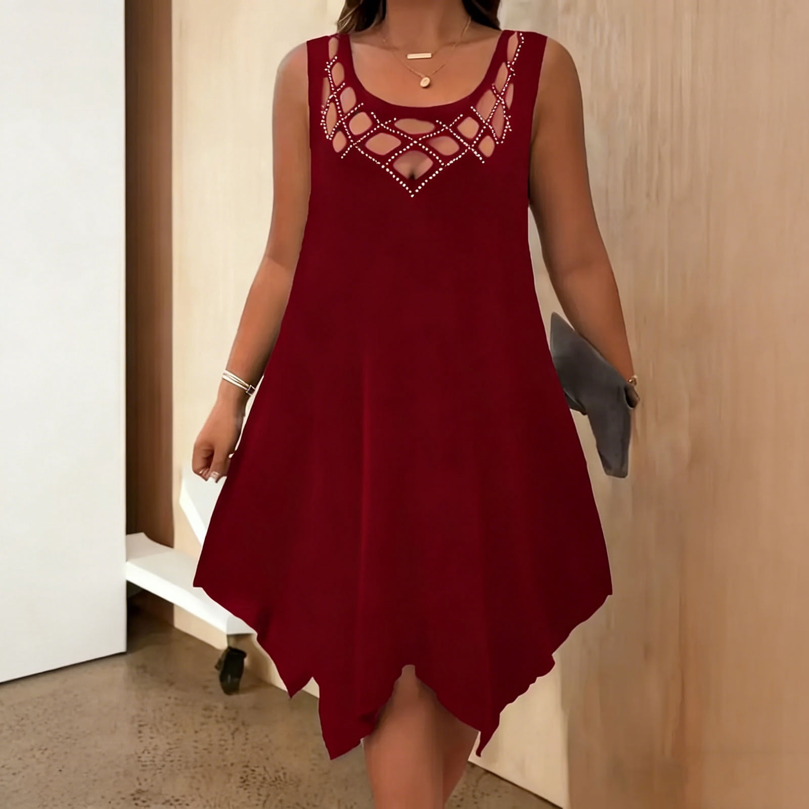 Aimik Women's Sleeveless Hollow-Out Halter Tunic Dress Handkerchief Hem ...