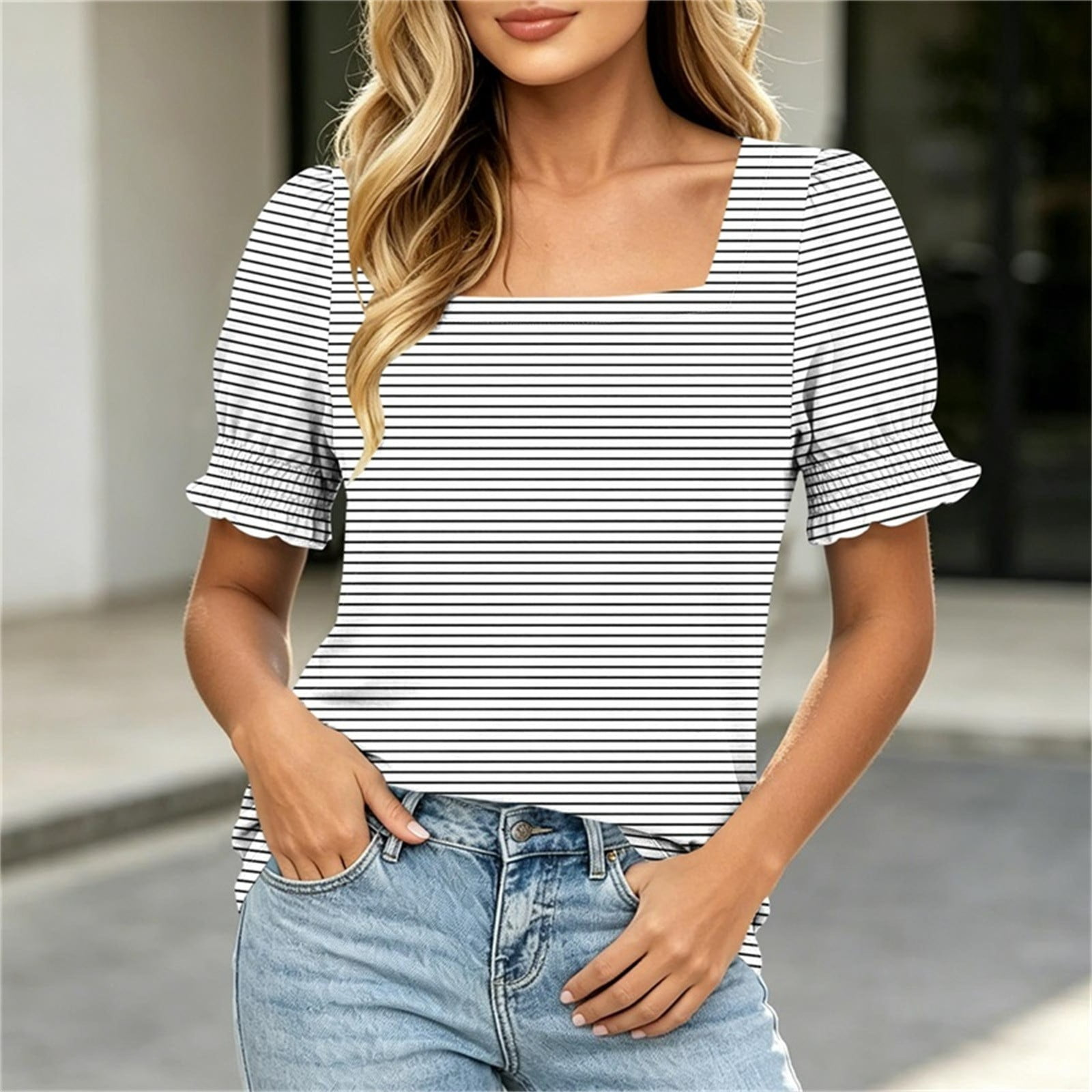 Aimik Women's Striped Square Neck Blouse Puff Short Sleeve Ruffle Cuff ...
