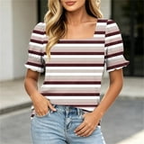 Aimik Women's Striped Square Neck Blouse Puff Short Sleeve Ruffle Cuff ...