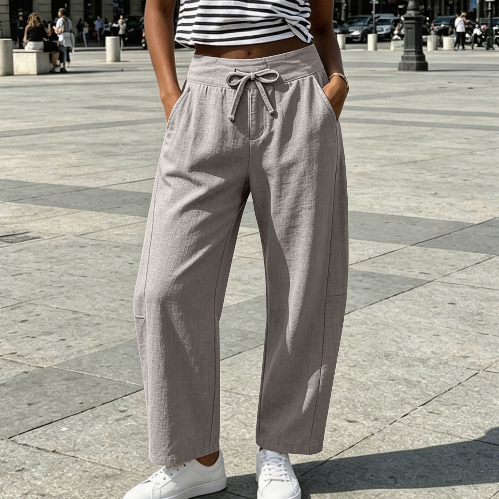 Aimik Women's Summer Beach Linen Pants High Waist Drawstring Casual ...