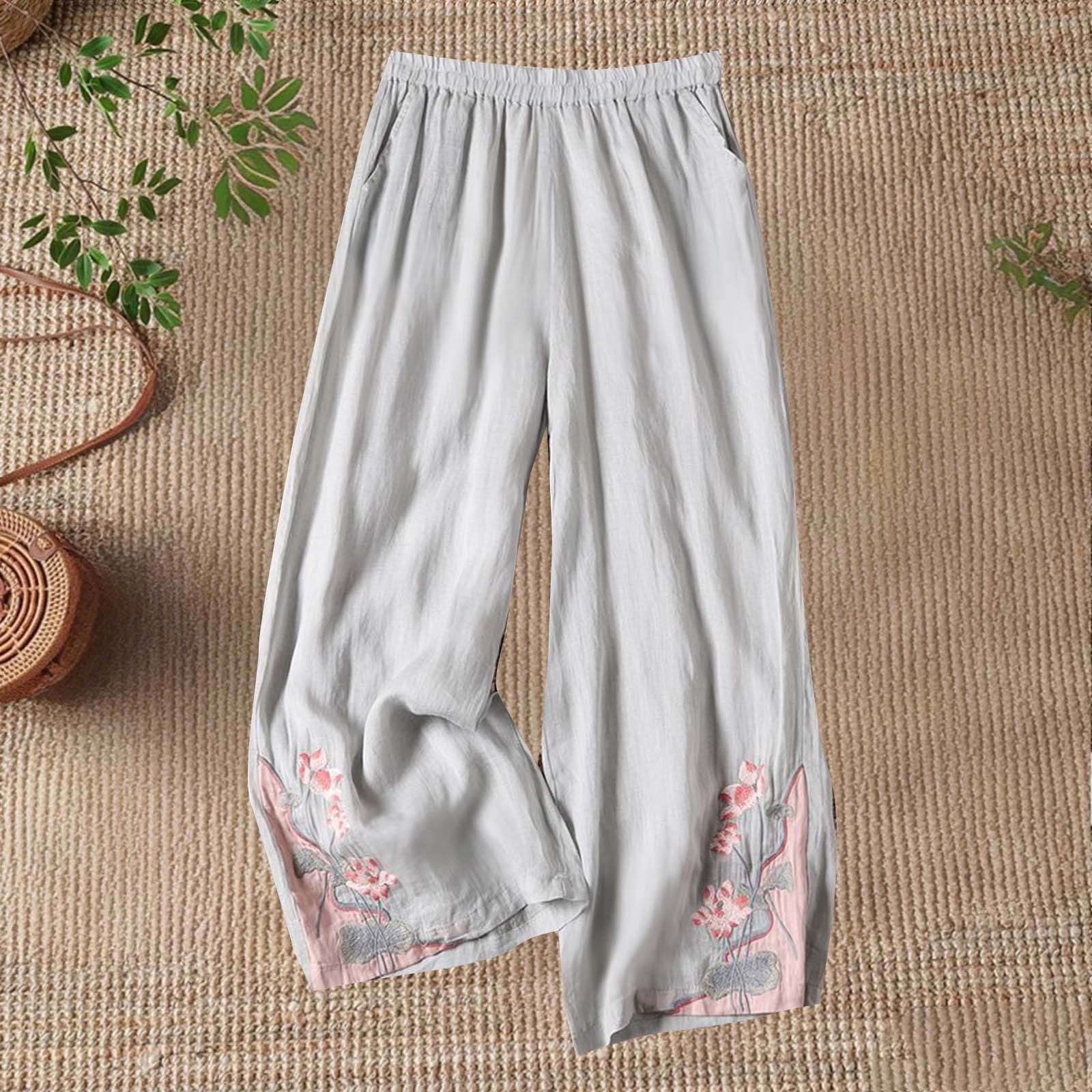 Aimik Women's Wide Leg Cropped Pants Elastic Waist Floral Embroidery ...