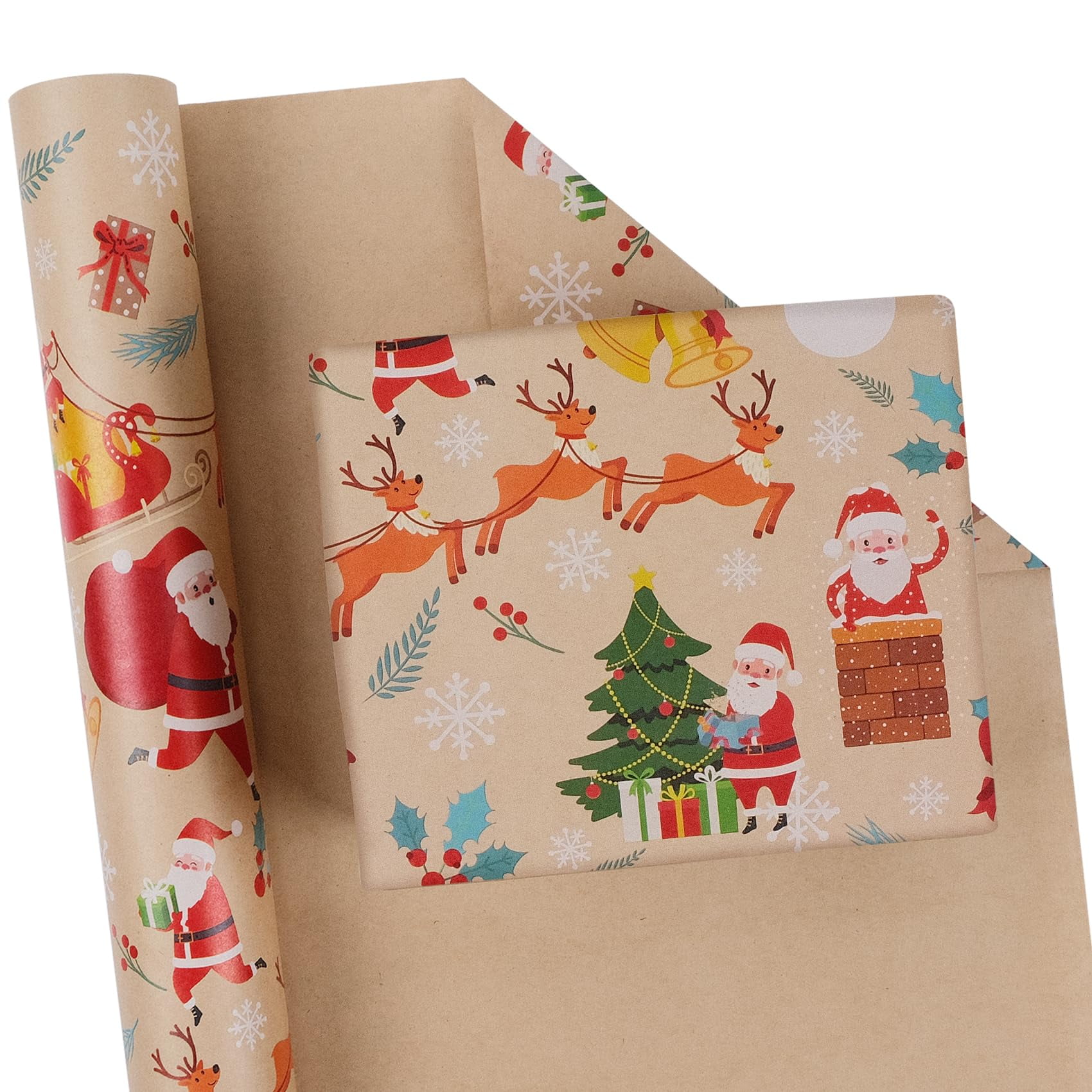 Aimyoo Santa Reindeer Snowman Kraft Christmas BSL1 Wrapping Paper Roll ...