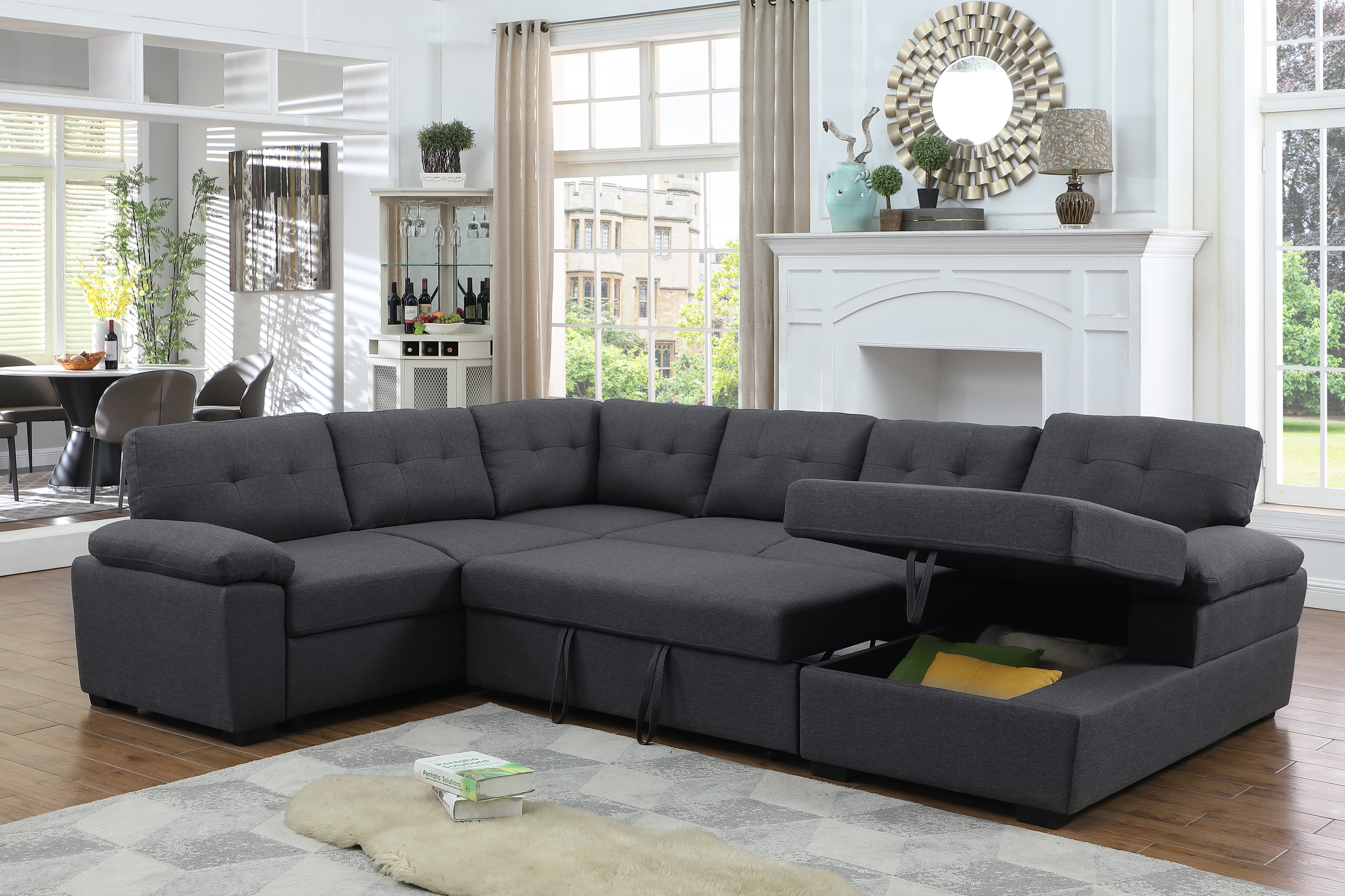 Aine Fabric Pull-Out Chaise Sleeper Sectional Sofa with Storage ...