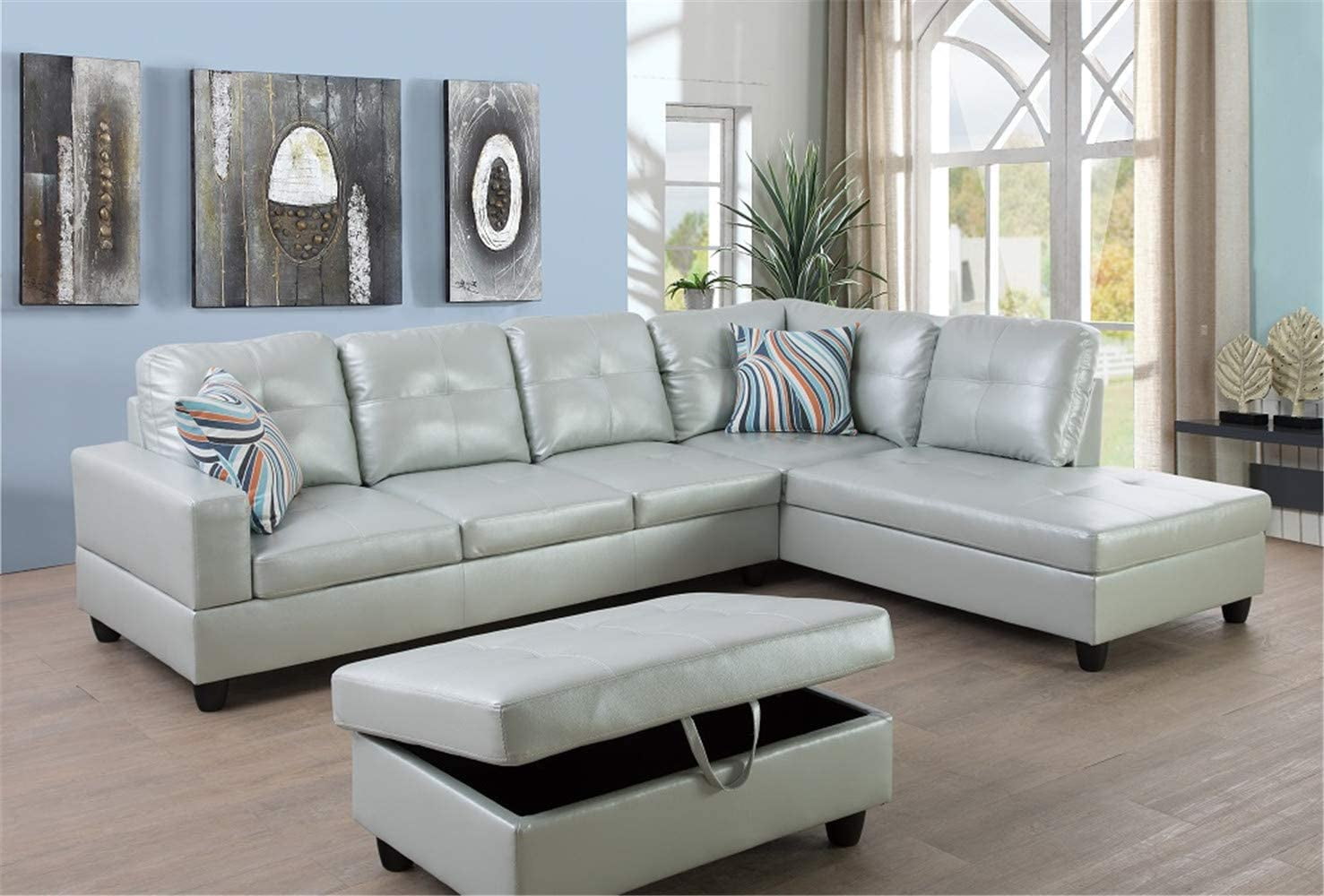 Ainehome Furniture Silver Green Leather Sectinal Sofa Set, L-Shaped ...