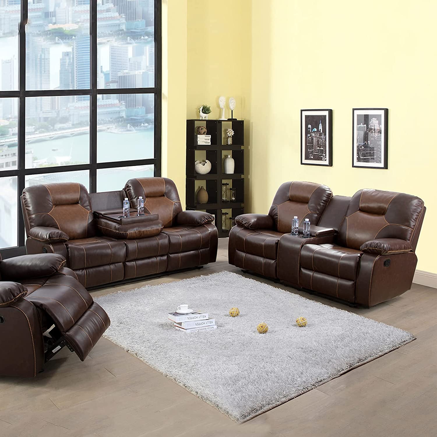 Ainehome Reclining Living Room Set, Brown Leather Sofa and Loveseat ...
