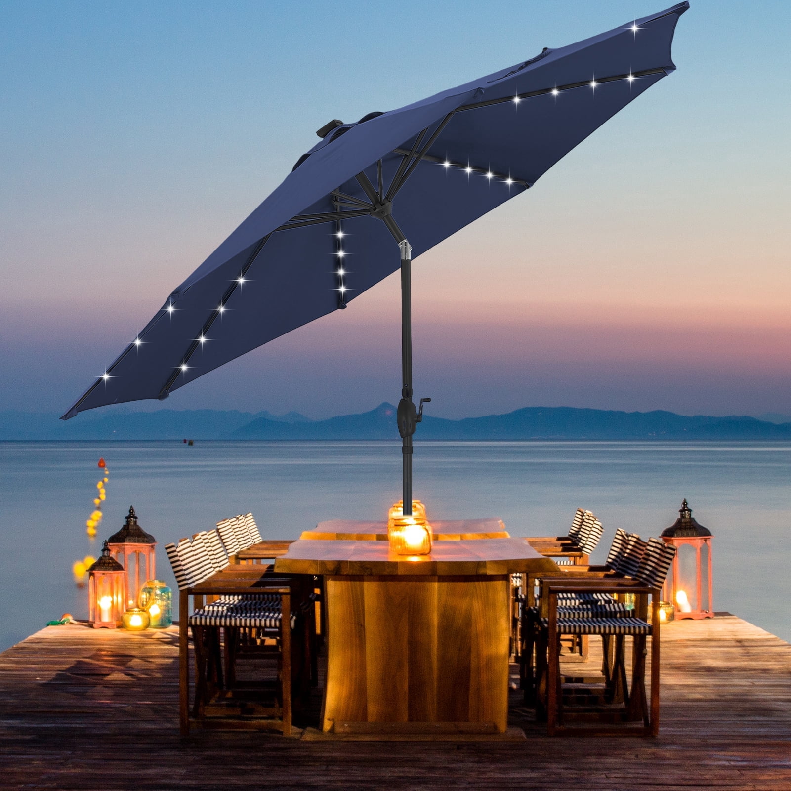 Ainfox 10ft Patio Umbrella, Solar Powered with 40 LED Lights, Navy Blue ...