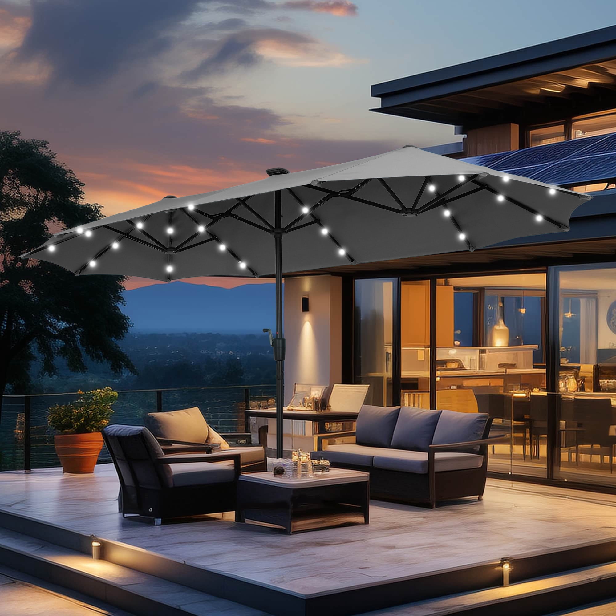 Ainfox 13ft Large Patio Umbrella with Solar Lights, Outdoor Double ...