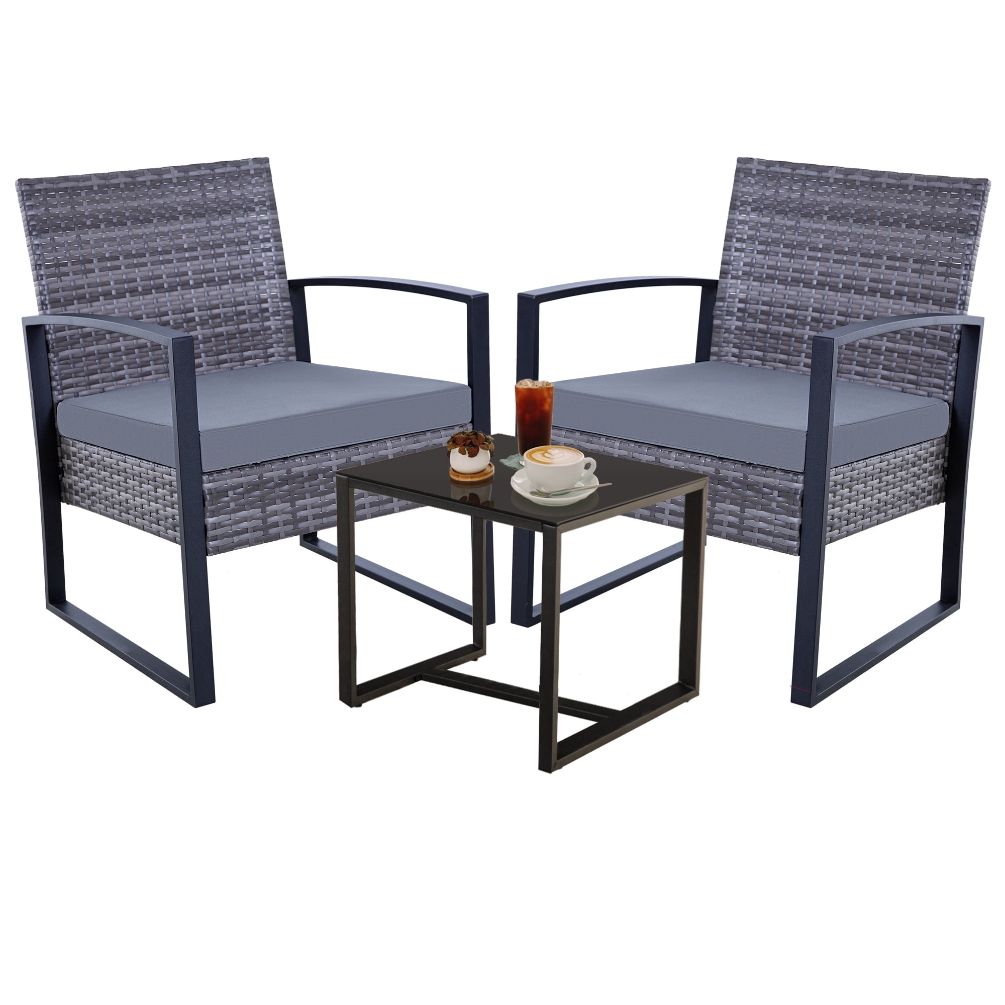 Ainfox 3 Piece Balcony Bistro Set, Outdoor Furniture with Wicker Rattan ...