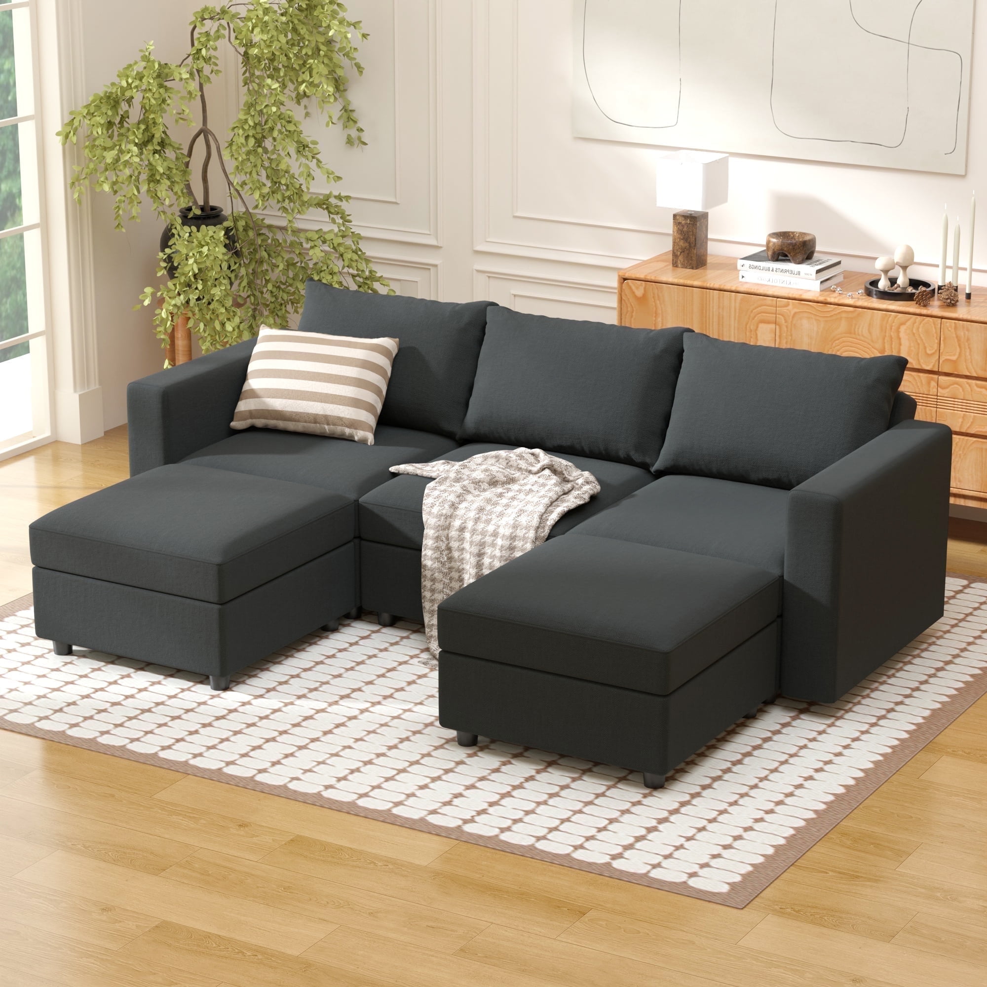 Ainfox 5 Piece Upholsterd Storage Modular Couch Set with Ottoman ...