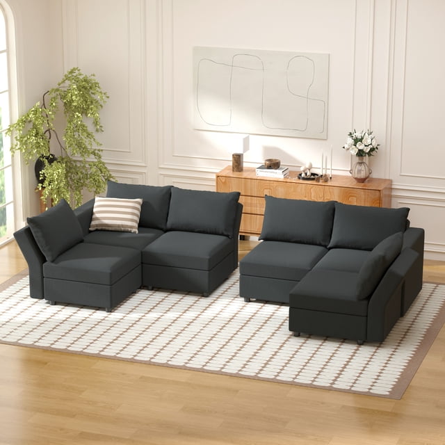 Ainfox 6 Piece Upholsterd Storage Modular Couch Set, Reversible Sleeper ...