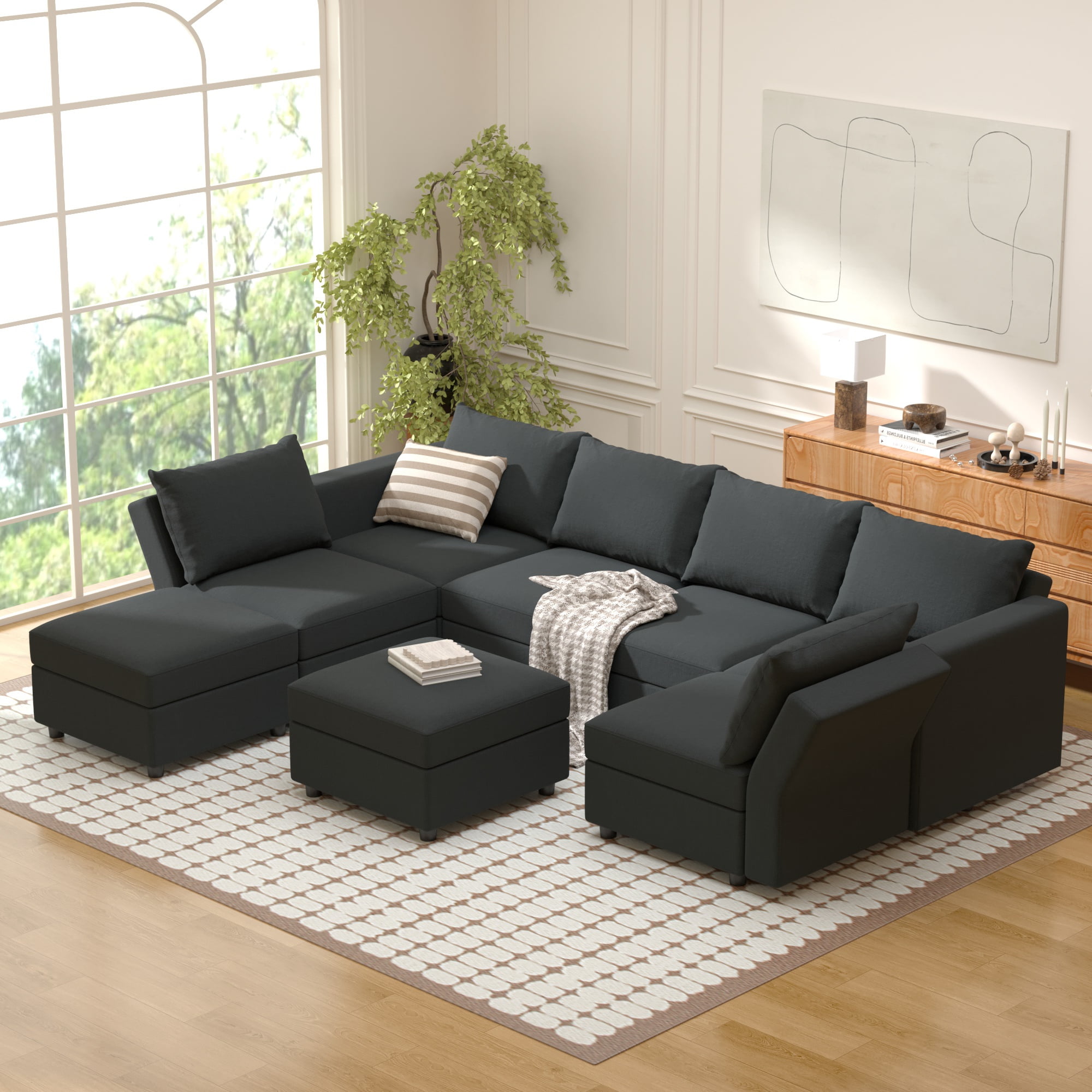 Ainfox 8 Piece Upholsterd Storage Modular Sofa Set with Ottoman ...