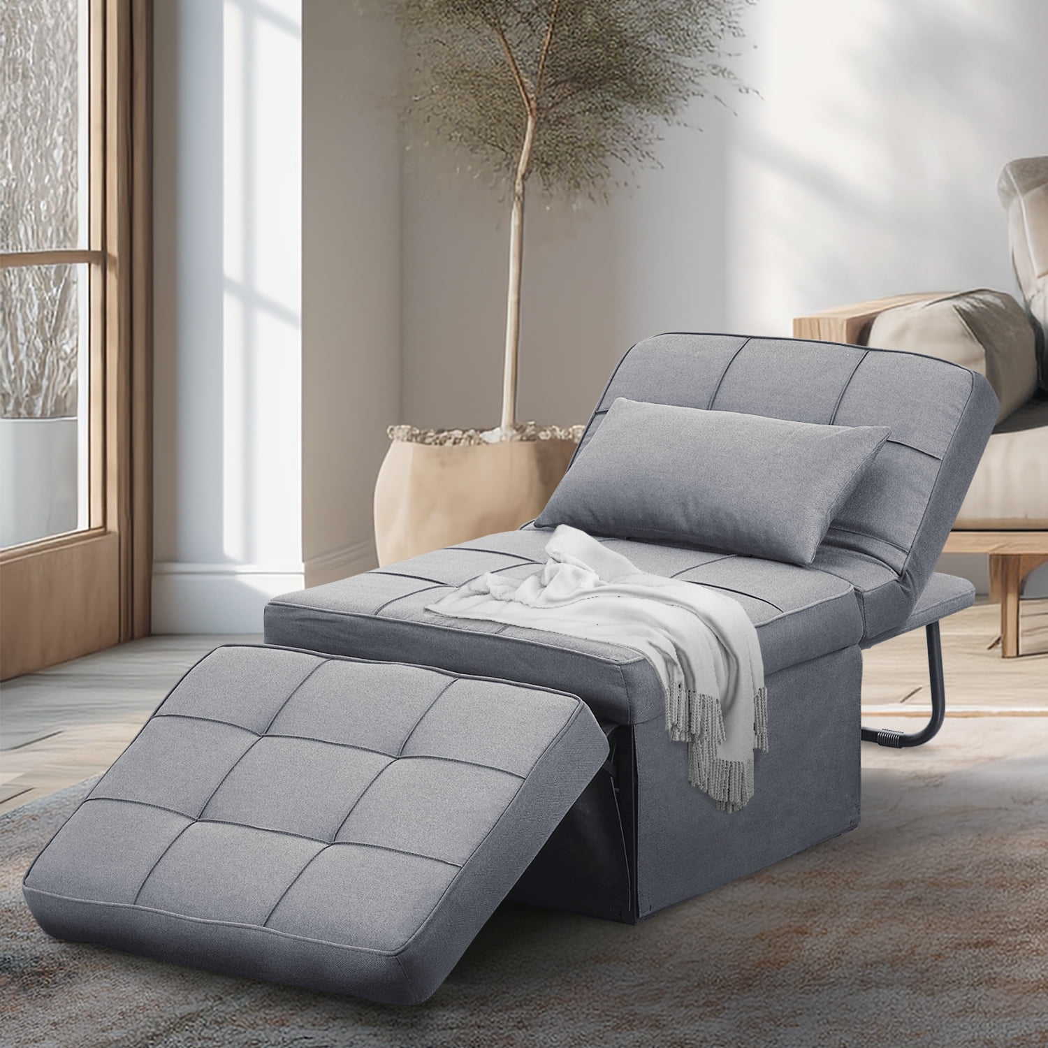 Ainfox Ottoman Chair Lounger Bed，4 in 1 Breathable Linen Convertible ...