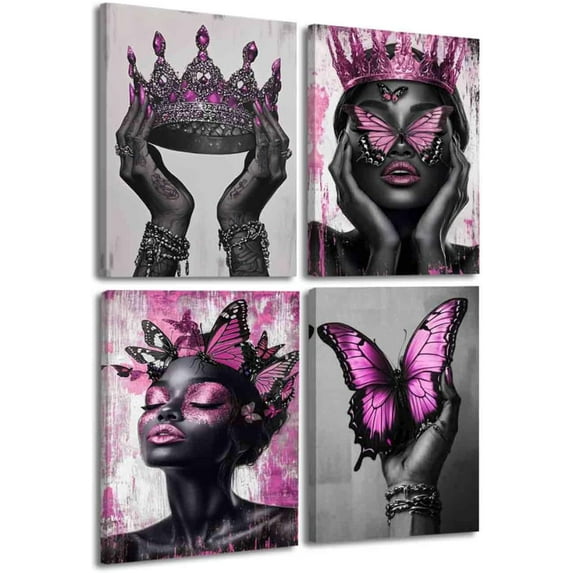 Aingg 4Pcs African American Canvas Wall Art Black Woman with Butterfly ...