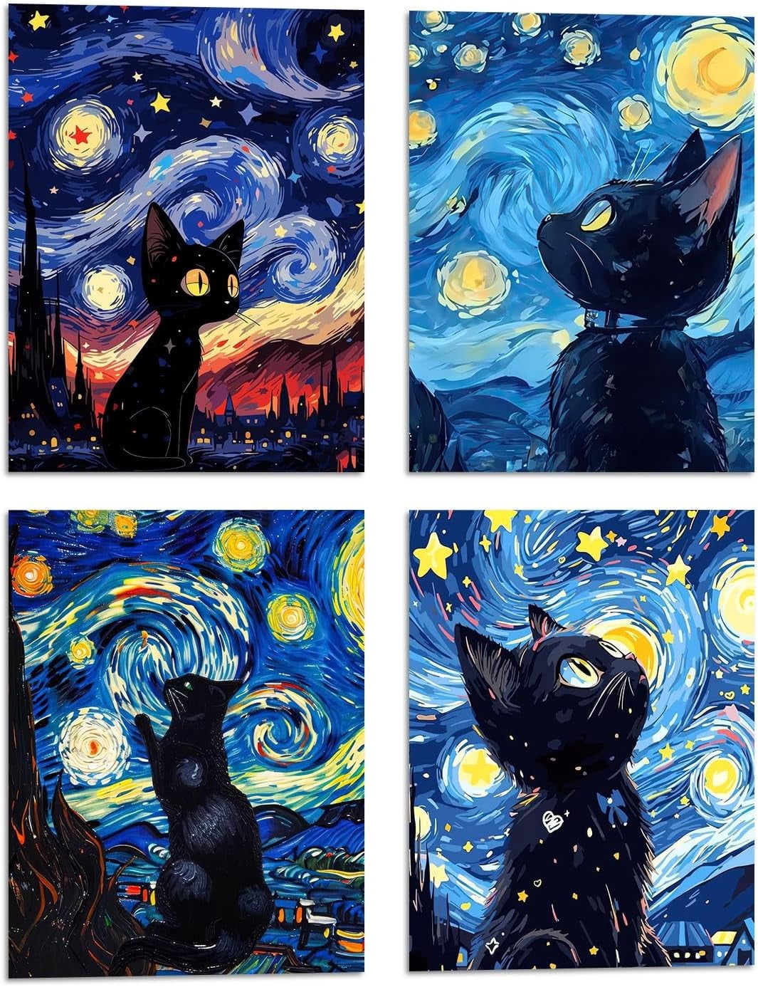 Aingg 4Pcs Black Cat and Starry Sky Wall Art Canvas Prints Vintage Van ...
