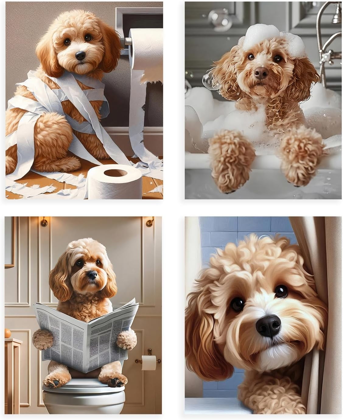 Aingg 4pcs Funny Dog Bathroom Wall Art, Poodle with Toilet Paper ...