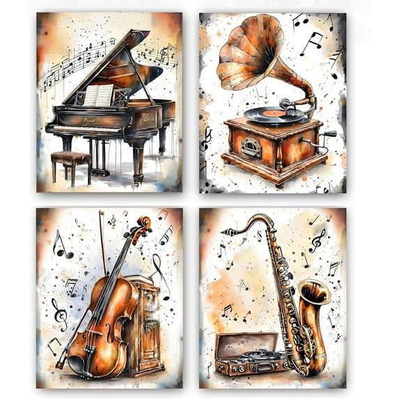 Aingg 4pcs Music Themed Wall Art music poster,Vintage Music Wall Art ...
