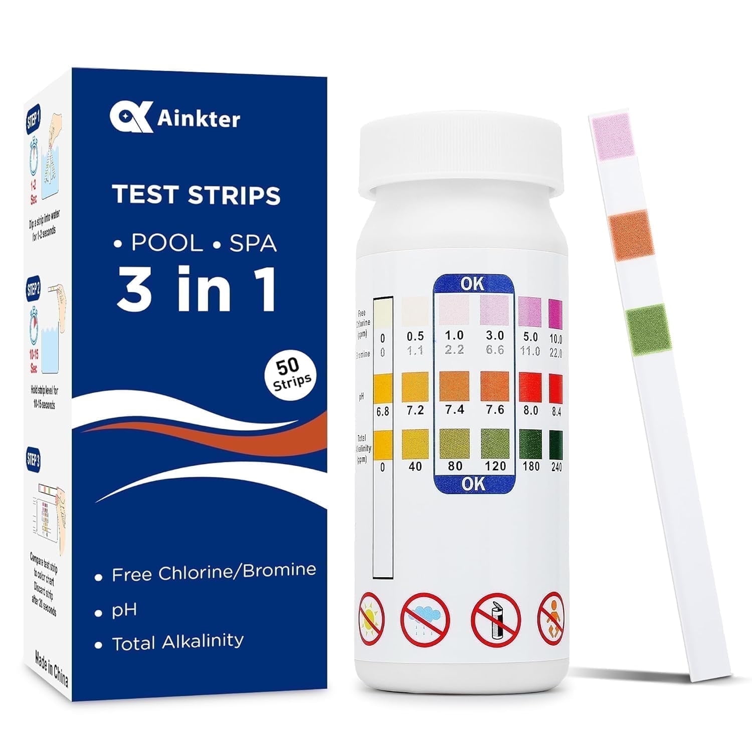 Ainkter Pool Test Strips 3-in-1 Water Testing Kit for Pools and Spas ...
