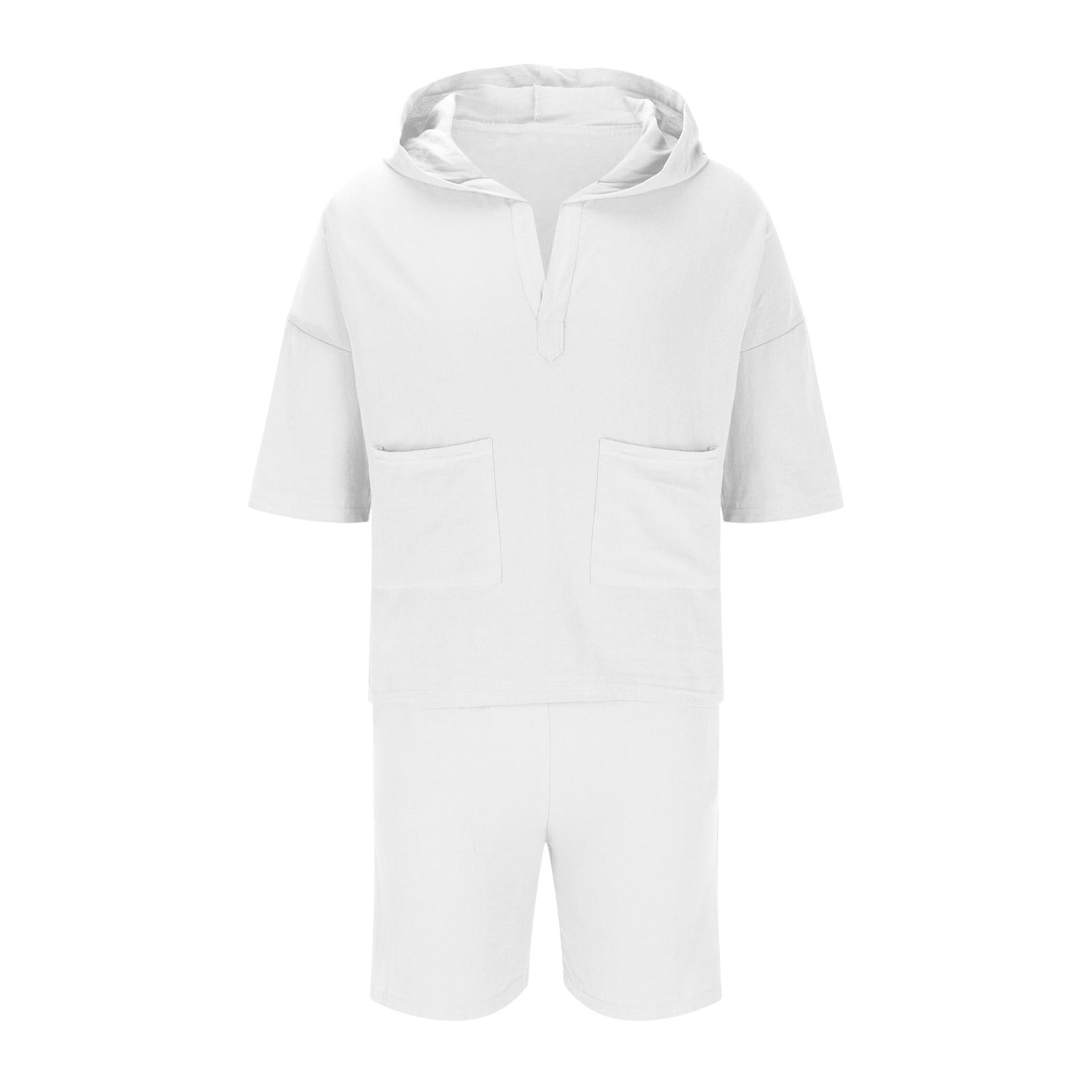 Aipewai Winter Sweat Suits Sets Mens Solid Color Sweatsuits Hooded Short Sleeved Pocket Set