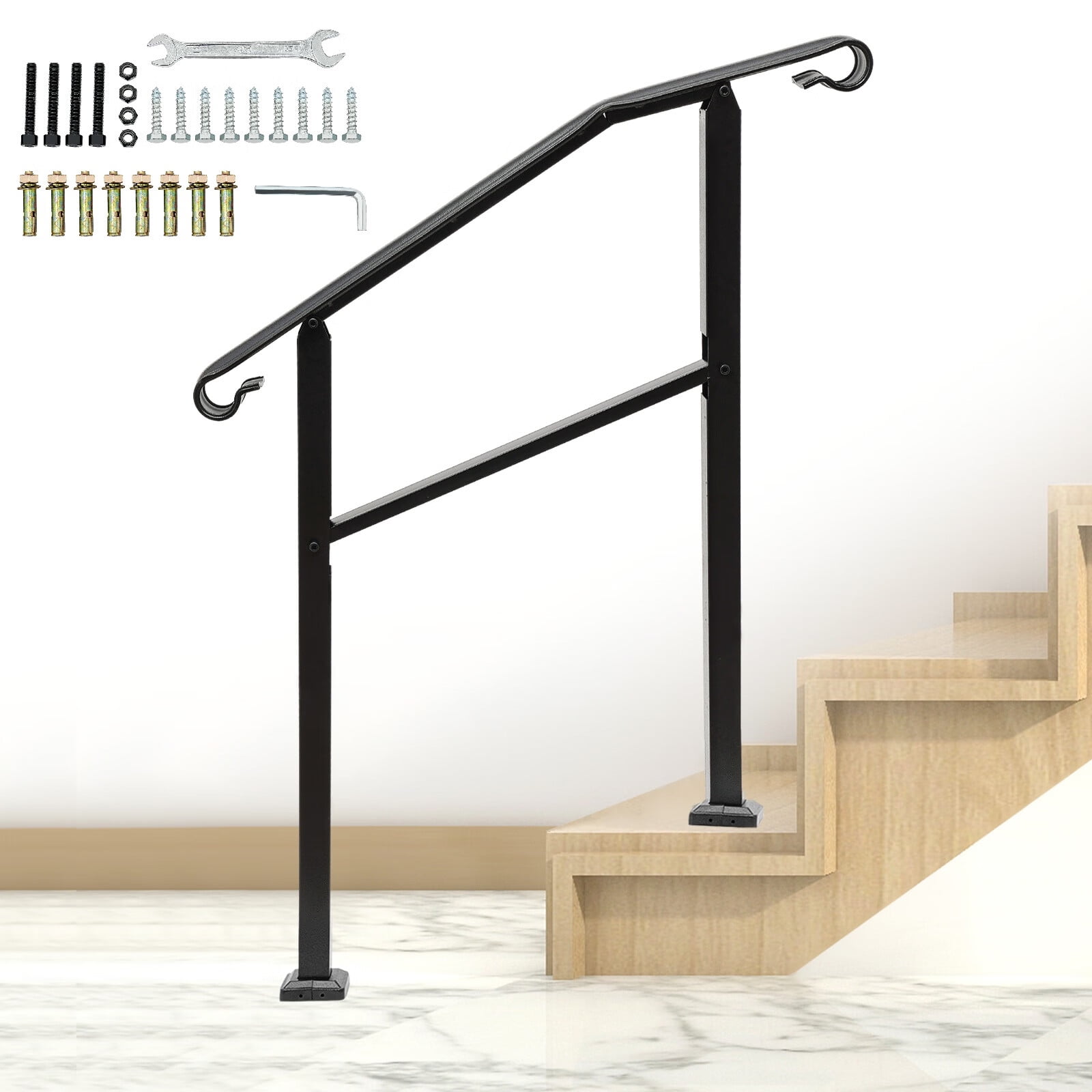Aiqidi 3 Steps Handrail Arch Black Carbon Steel Stair Rail 3 Feet Porch ...