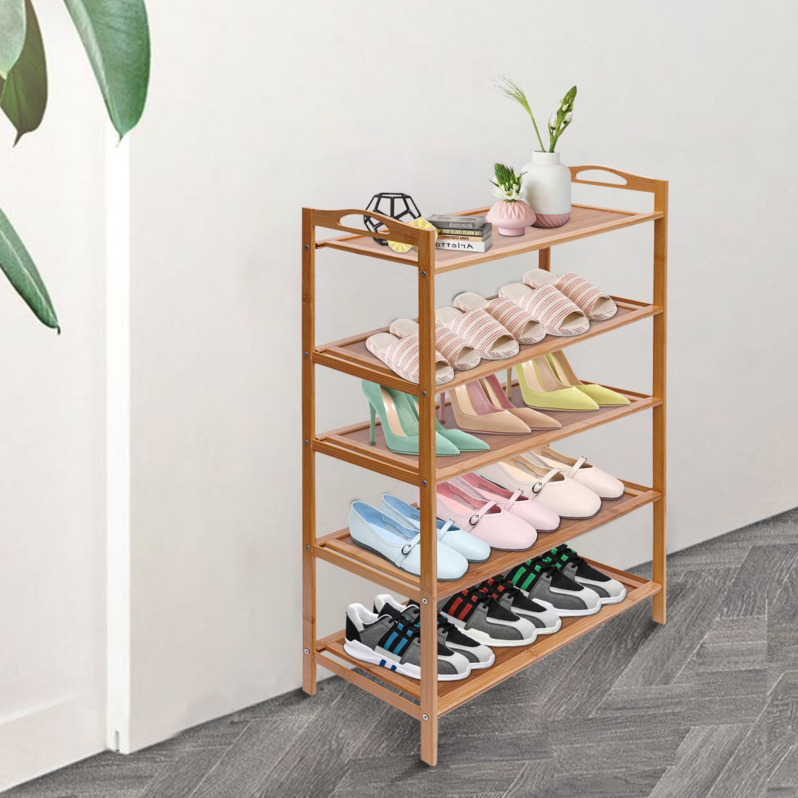 Aiqidi 5-Tier Shoe Organizer Free Standing Bamboo Shoe Rack with 2 ...