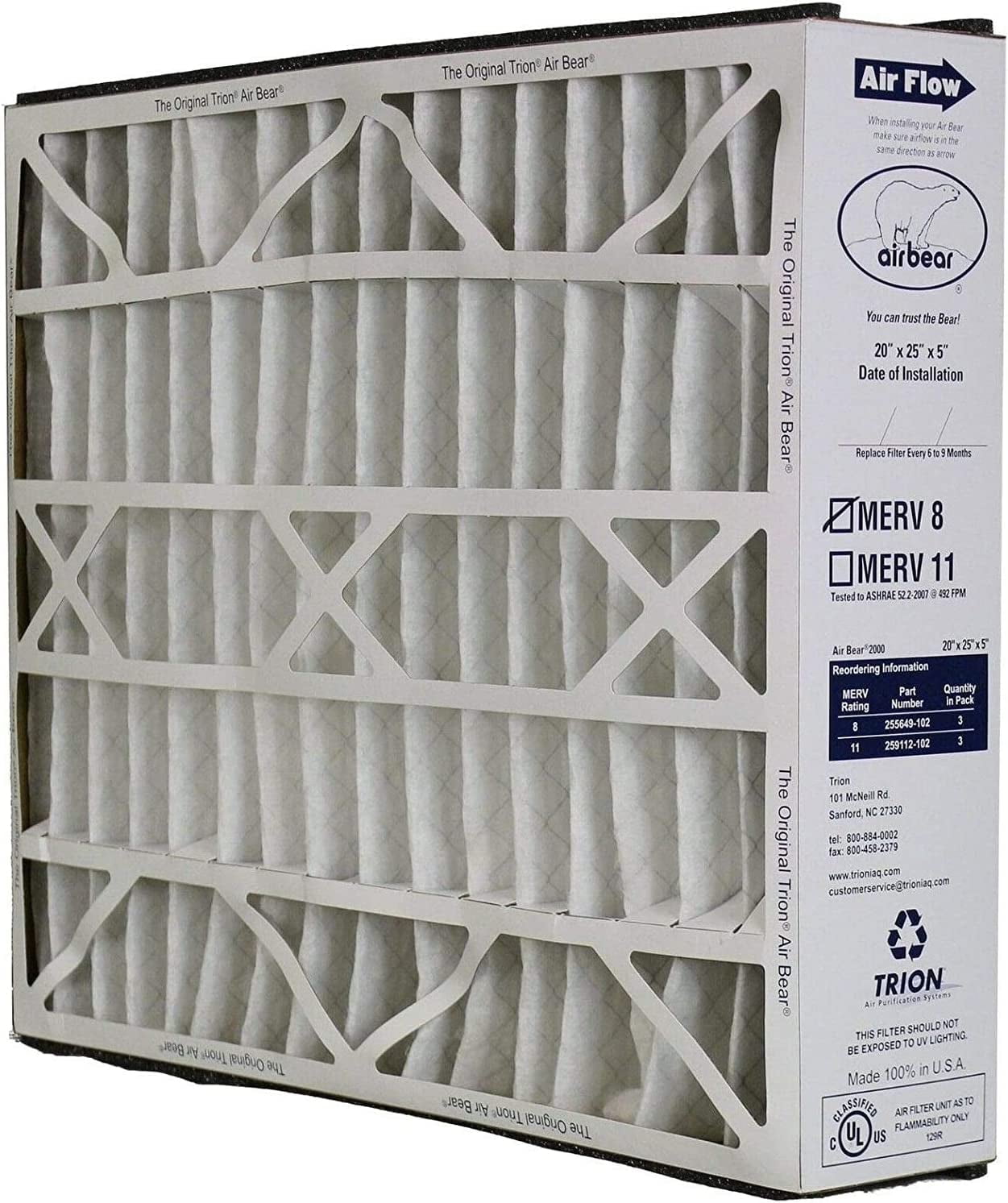 Air Bear 20 x 25 x 5 Inch MERV 8 High Performance Air Purifier Filter ...