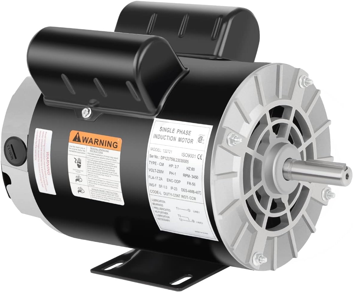 Air Compressor Motor 3.7 HP Electric Motor, 3450 RPM, 230V Single Phase, 56 Frame 5/8 Keyed ...