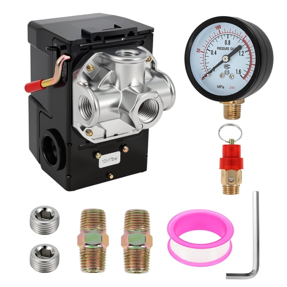 Air Compressor Pressure Switch 135 to 175 PSI 4 Ports 20 Amp with 0 to ...