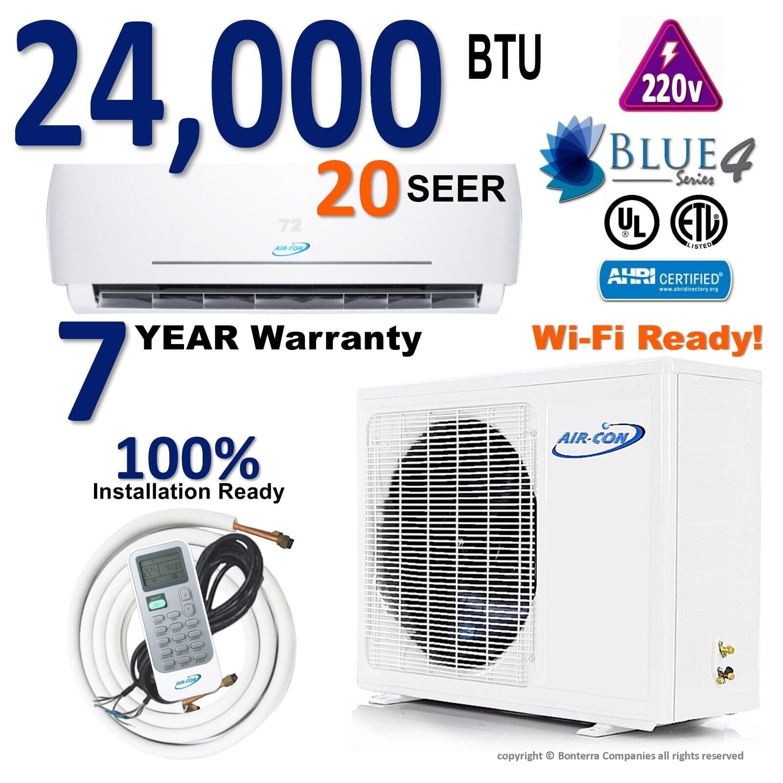 Air-Con 24000 BTU Blue 4 Mini Split AC Heat Pump Ductless 20 Seer 220v ...