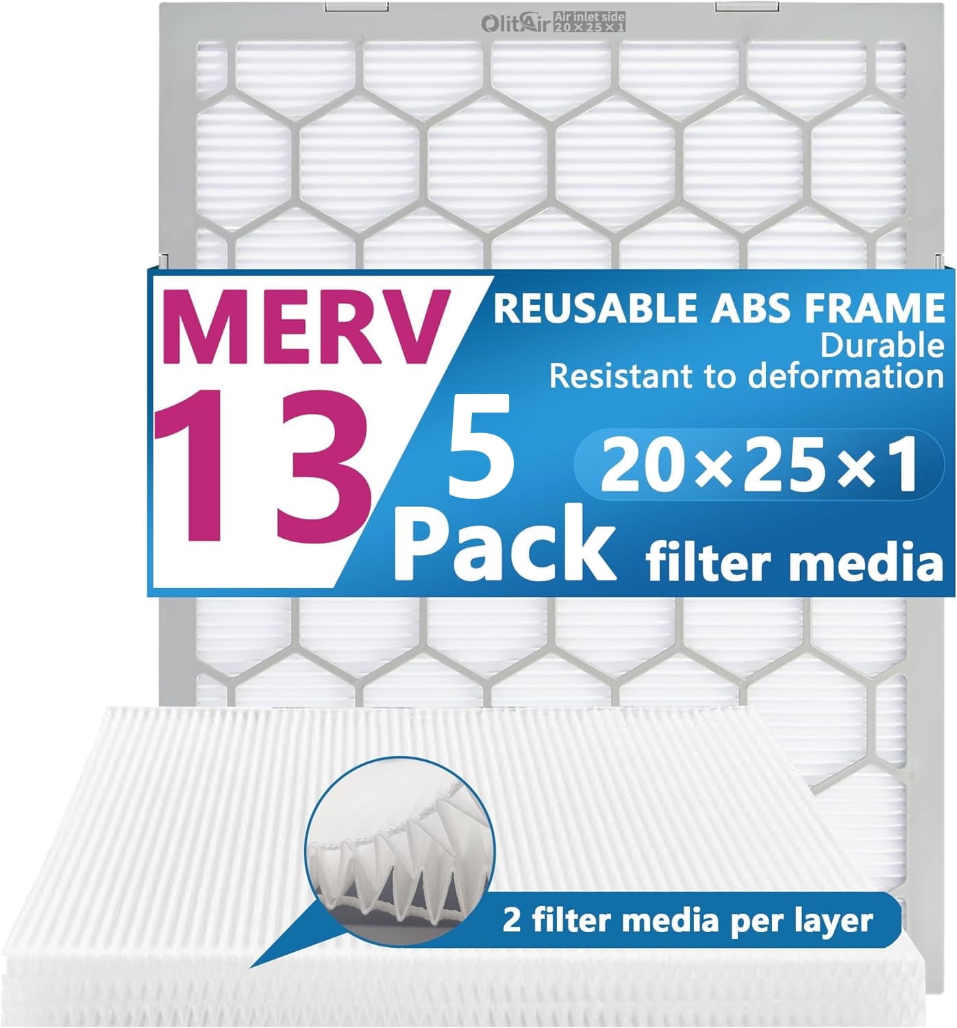 Air Filter - Furnace/HVAC, 25x20x1, MERV 13 - 5-Pack, Reusable ABS ...
