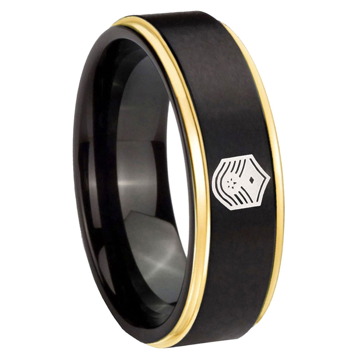Air Force Chief Master Sergeant Step Edge Black Gold Tungsten Ring 10MM ...