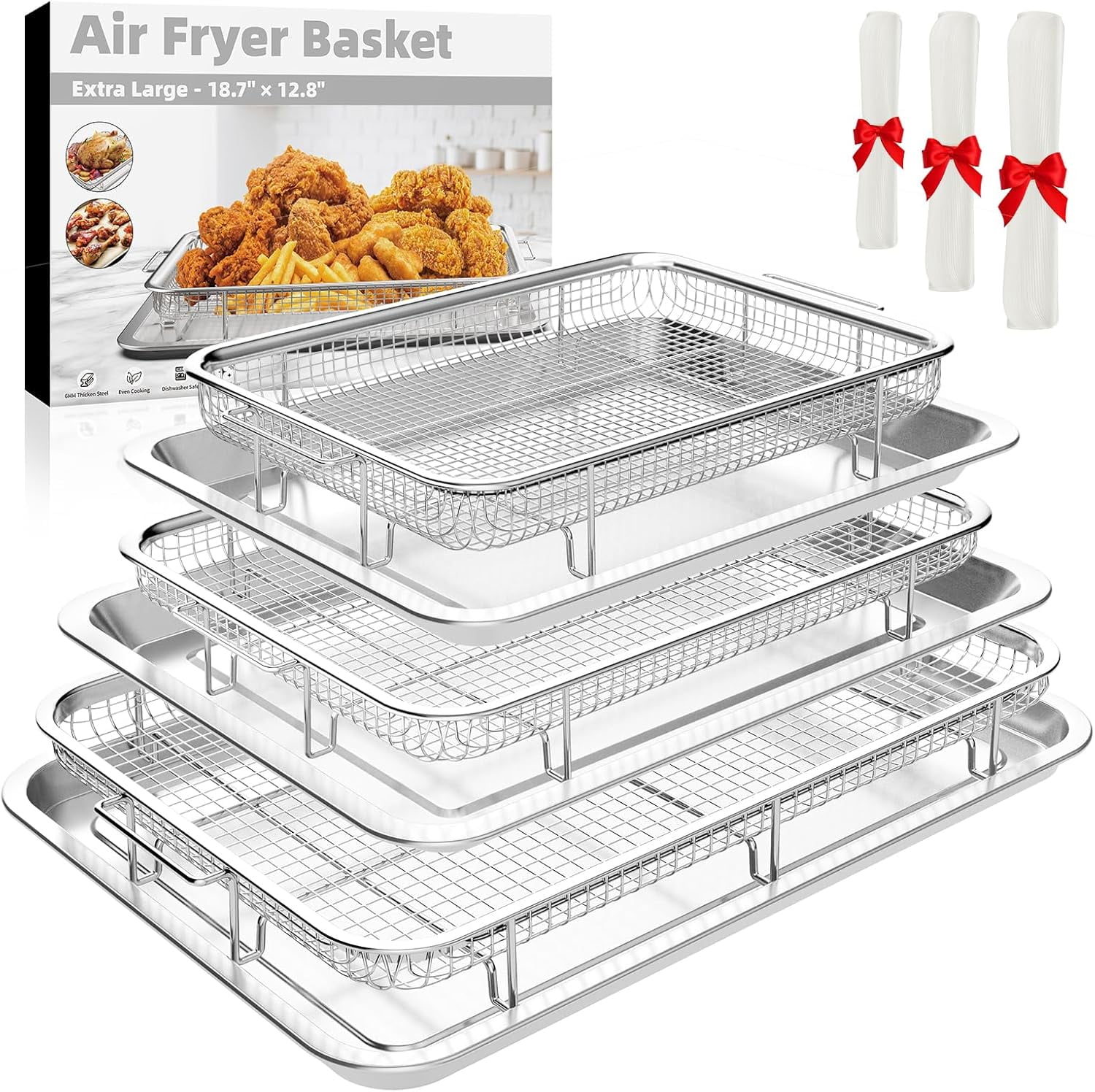 Air Fryer Basket for Oven, 3 Set Stainless Steel Oven Air Fryer Basket and Tray with 90 PCS ...