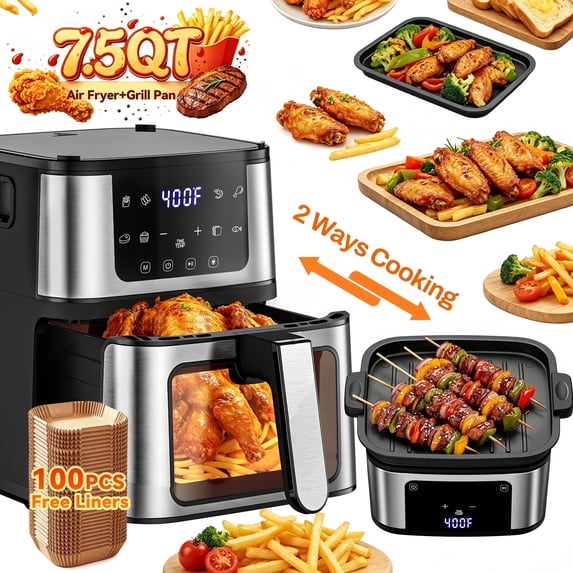 7.5QT Air Fryer with Grill Pan, Large Family Size for 2-7 People, LED ...