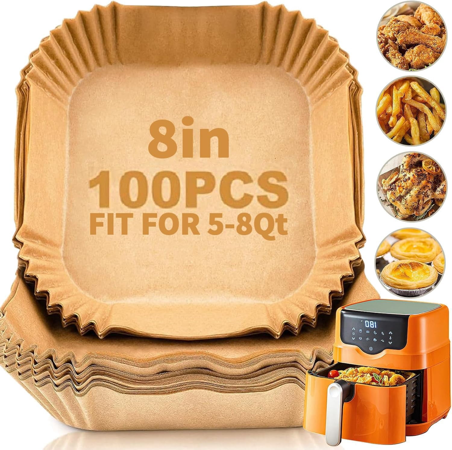 Air Fryer Paper Liners 100Pcs - 8 Inch Square for 5-8 QT Basket, Non ...