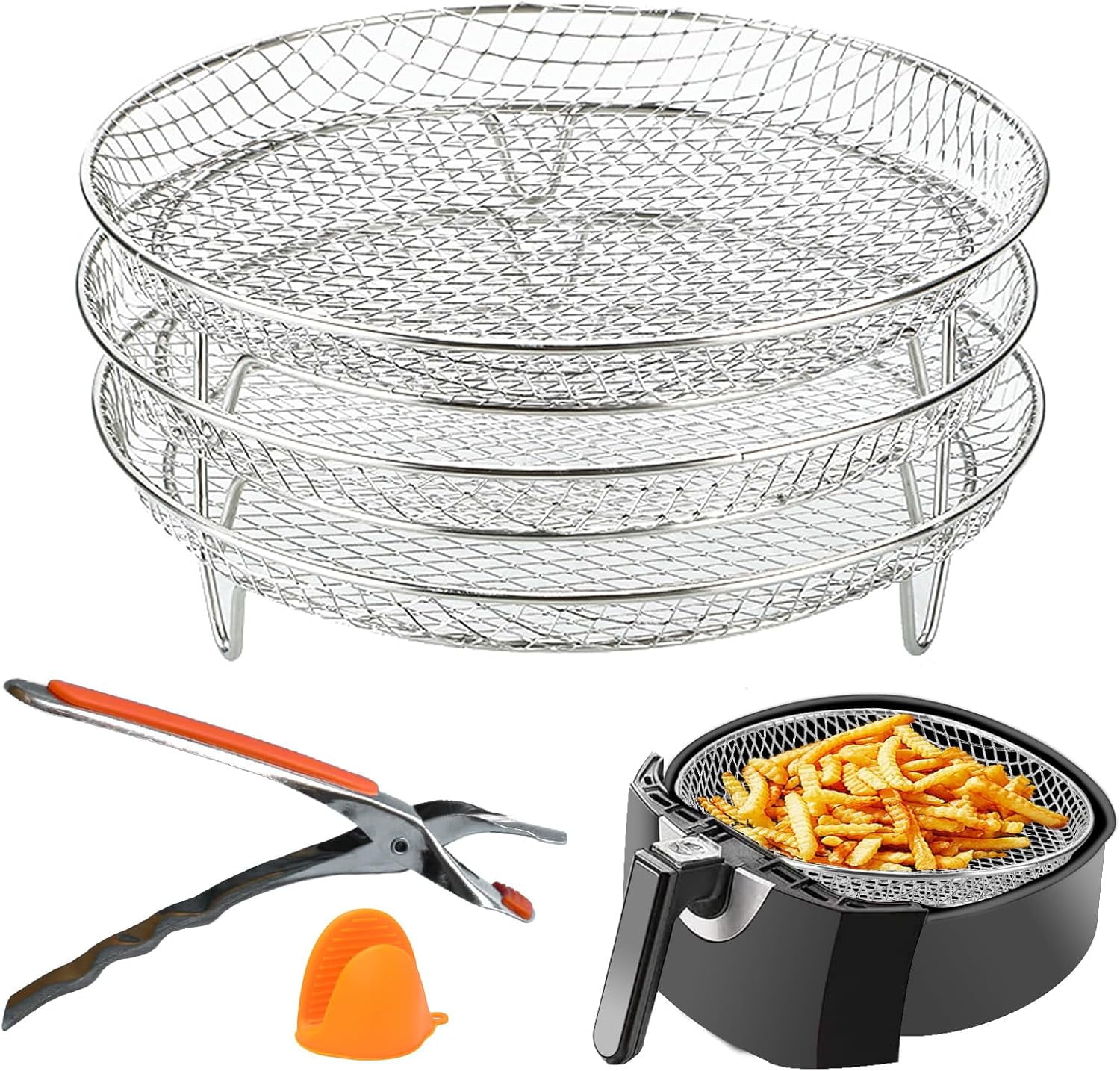Air Fryer Racks 3pcs Stackable Set 【Round 8.07"(Dia.) x 3.54"(H.)】- 304 ...