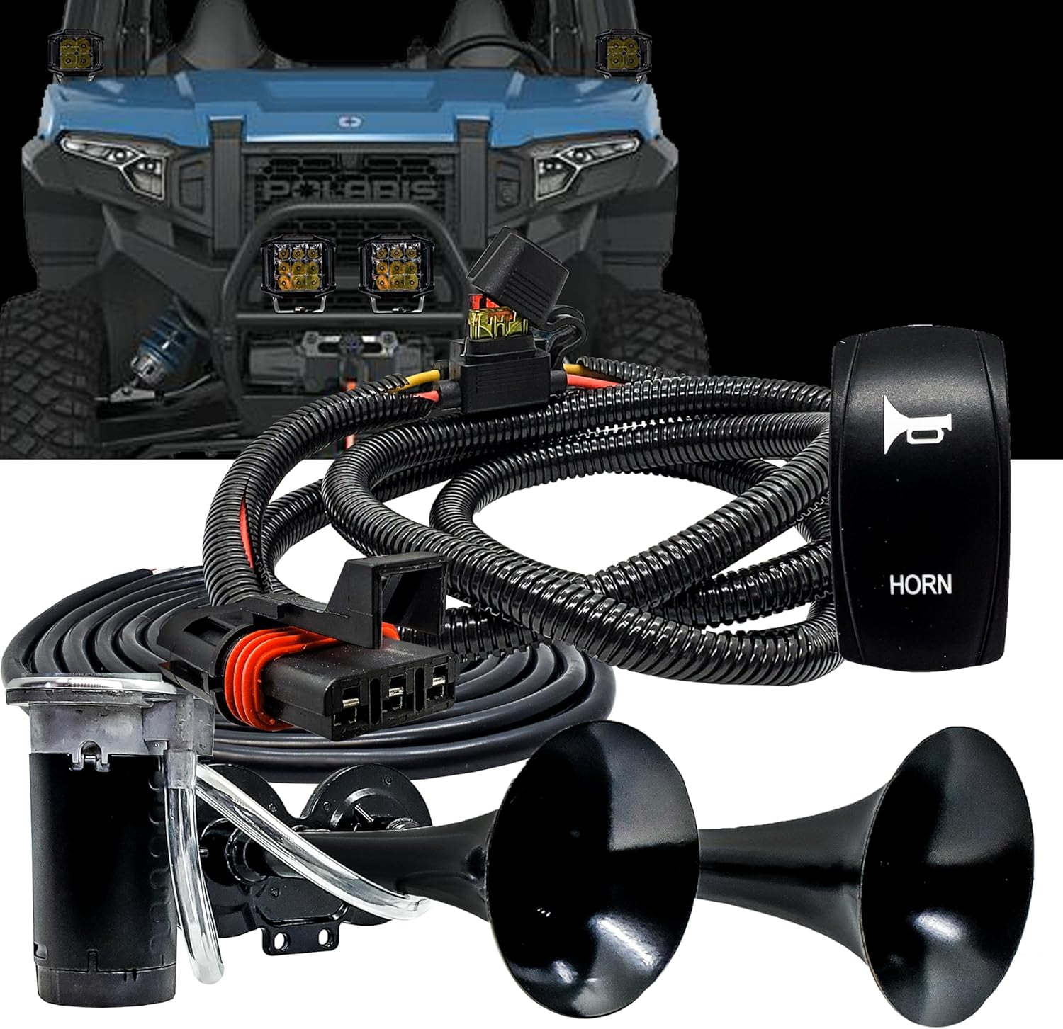 Air Horn Dual Trumpet with Power Bus Bar Plug Black Rocker Switch Wire ...