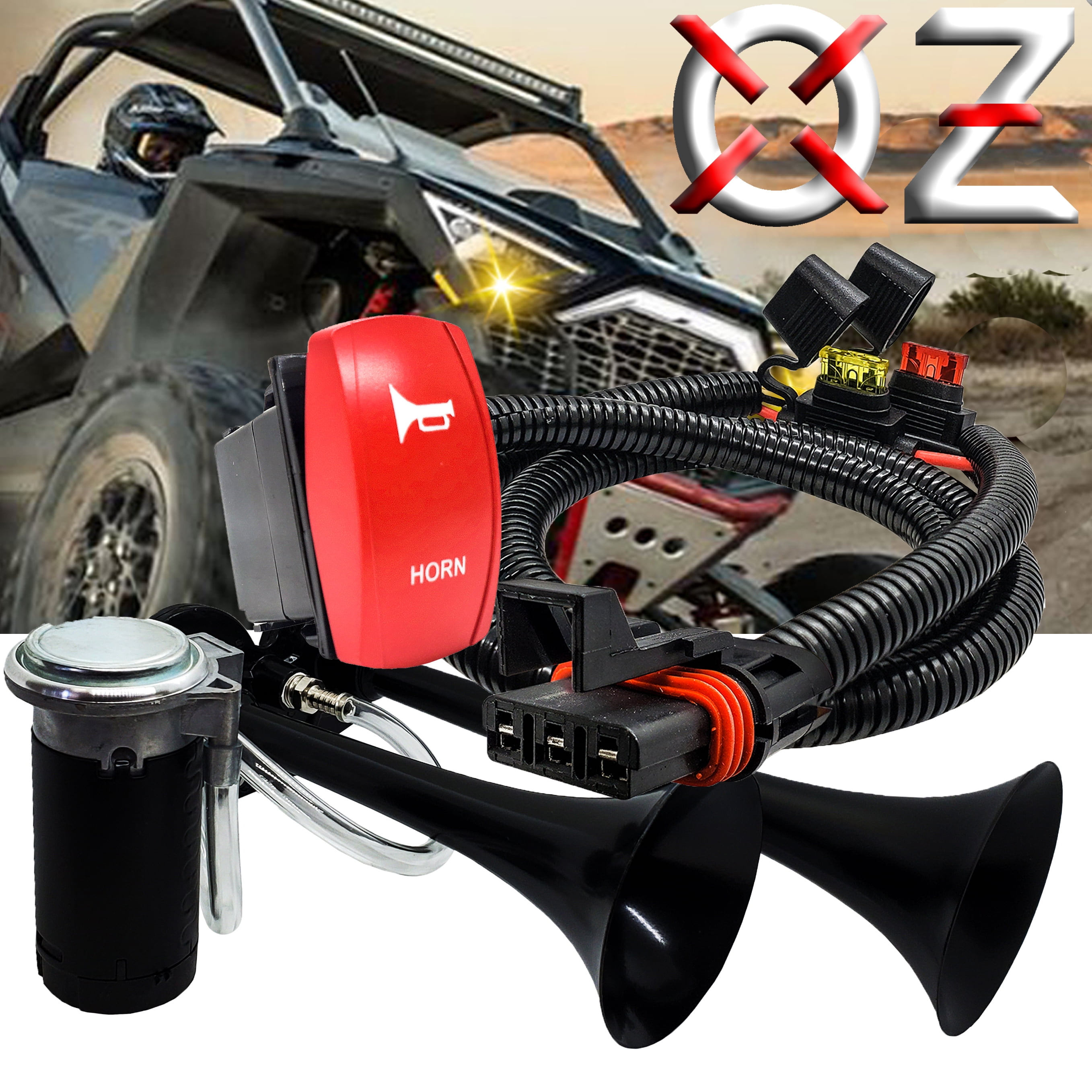 Air Horn Dual Trumpet with Power Bus Bar Plug Wiring Harness Kit ...