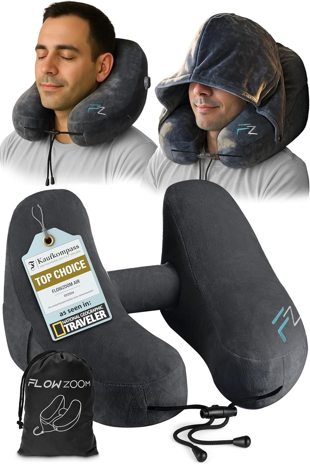 Air Inflatable Neck Pillow for Traveling on Plane - H-Shape Hooded ...